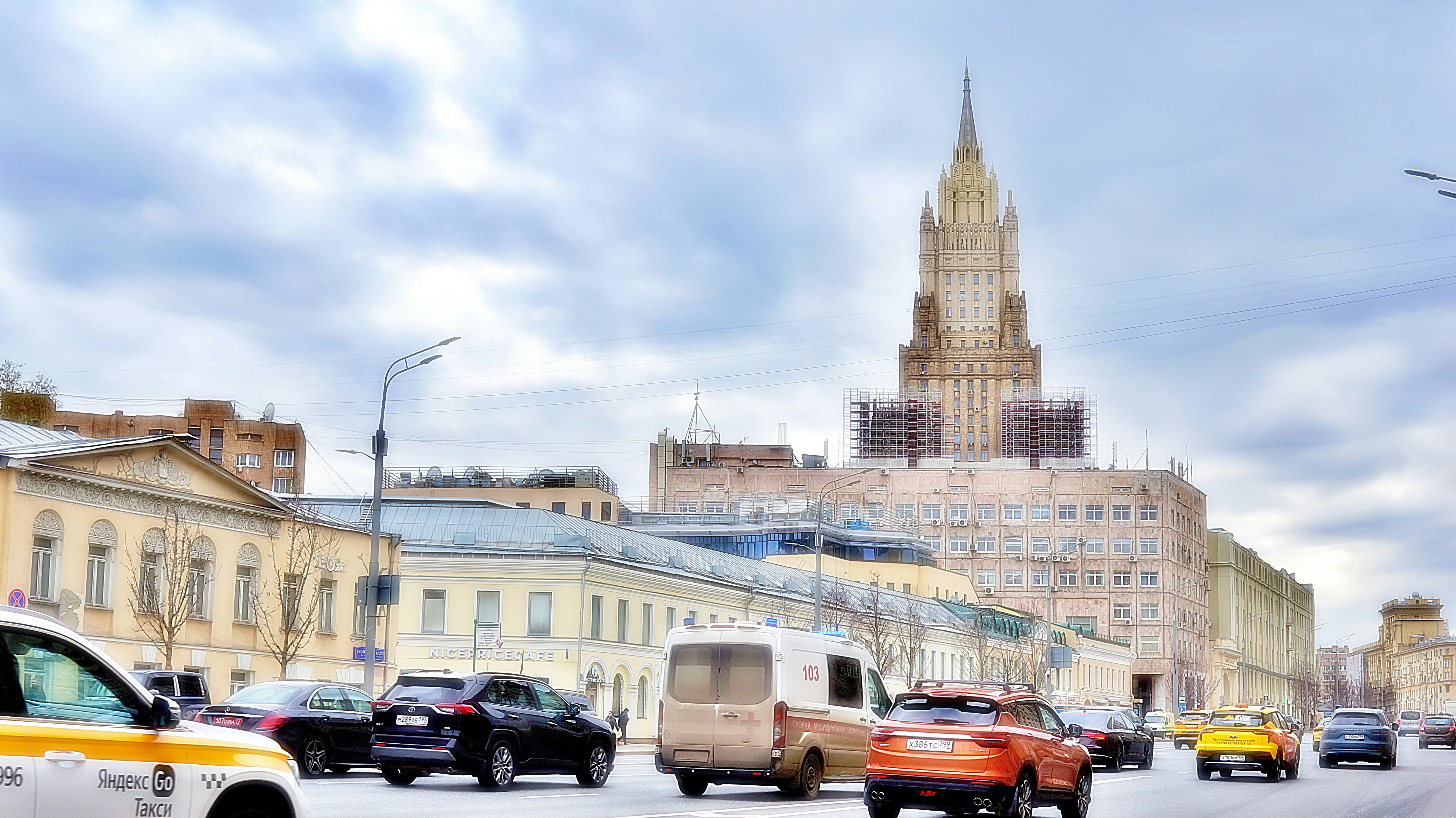 Smolenskaya Square is a street in the Arbat district of Moscow. It is located between Smolenskaya-Sennaya Square, Arbat Street, Smolenskaya Street, and Novinsky Boulevard. In the 16th century, the fortress' Zemlyanoy Val (Earthen Rampart) with the Arbat Gate (which had a second name — the Smolensk Gate) passed through the site of the modern street. Hence the name. As early as the beginning of the 17th century, numerous market stalls and smithies were located along the rampart, and a streltsy (musketeer) settlement stood guard over the gate.