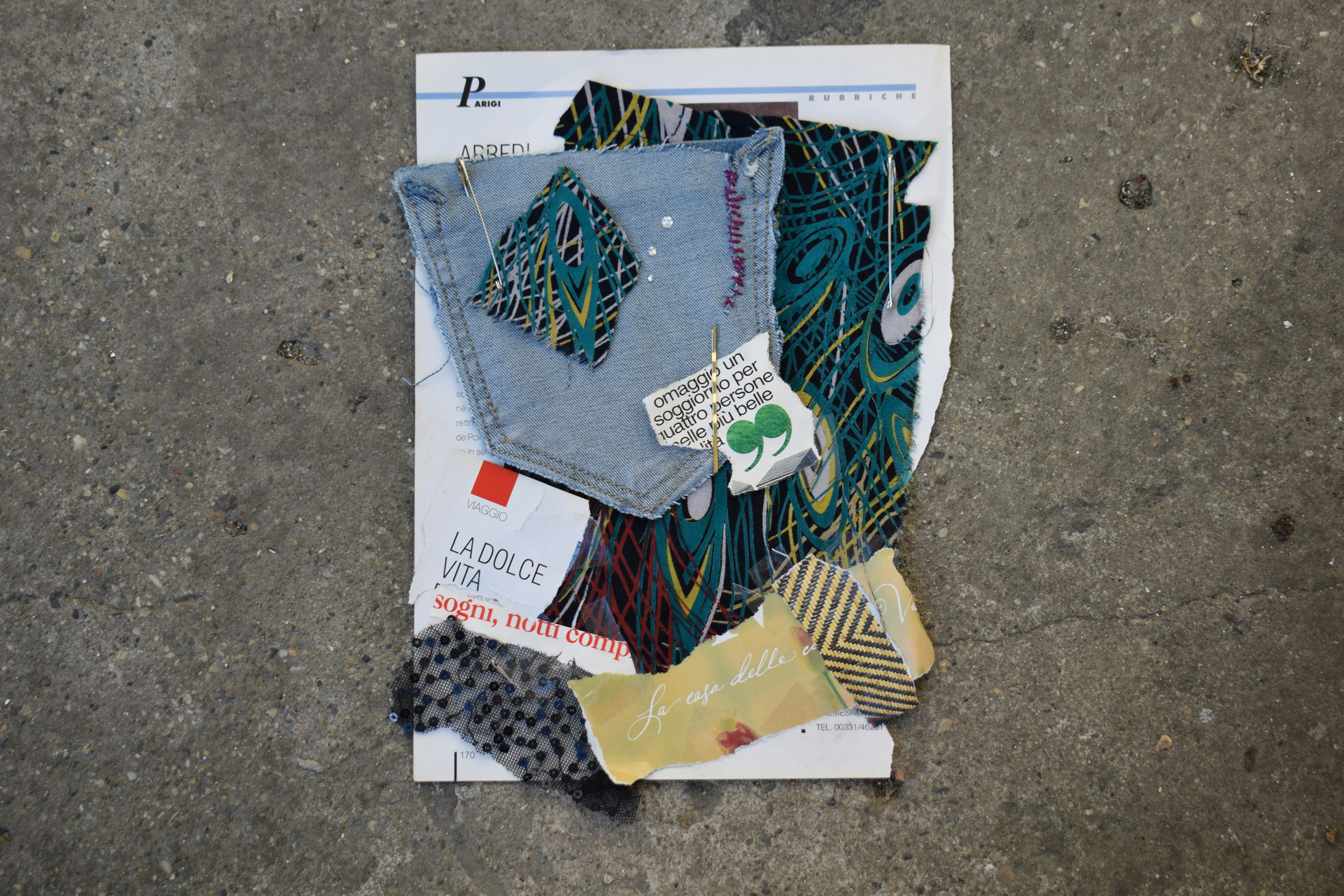 Patchwork on Concrete: A Weathered Cardboard Collage