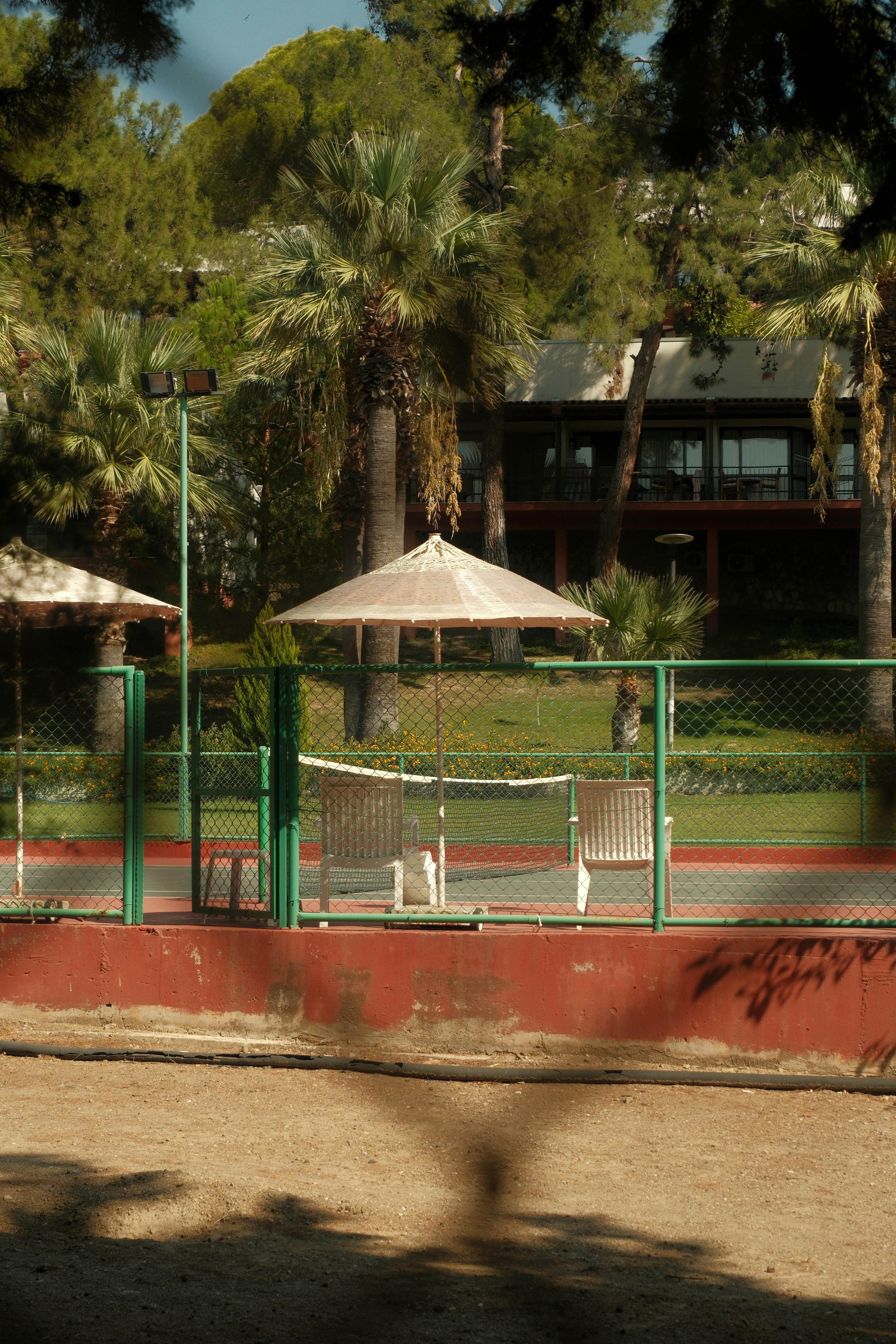 Sunlit Tennis Court Oasis Behind a Green Fence