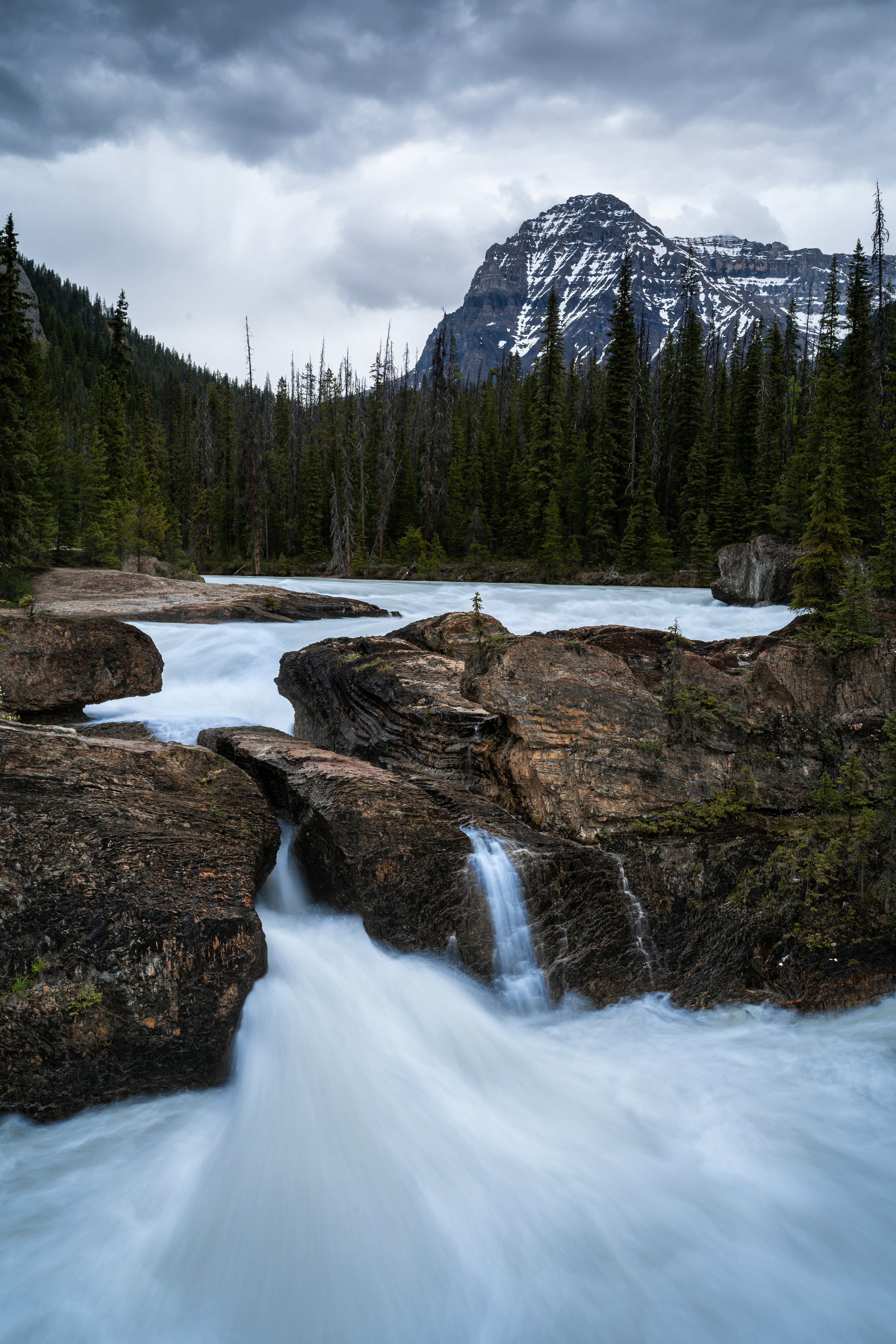 Torrent Overlook: A Rim-Rock Cascade Beneath a Snow-capped Peak