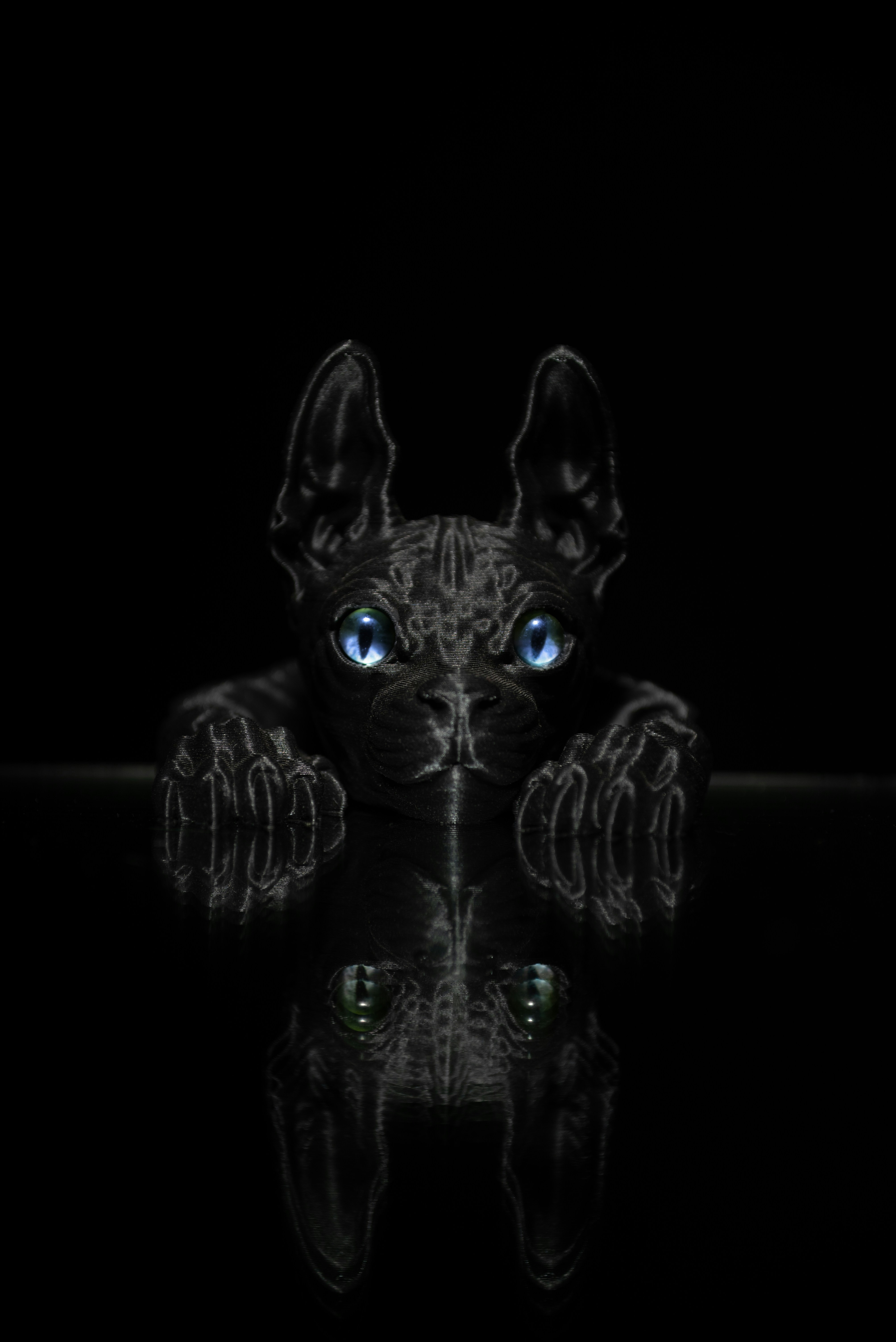 Midnight Whiskers: The Blue-Eyed Sphinx on Velvet Dark