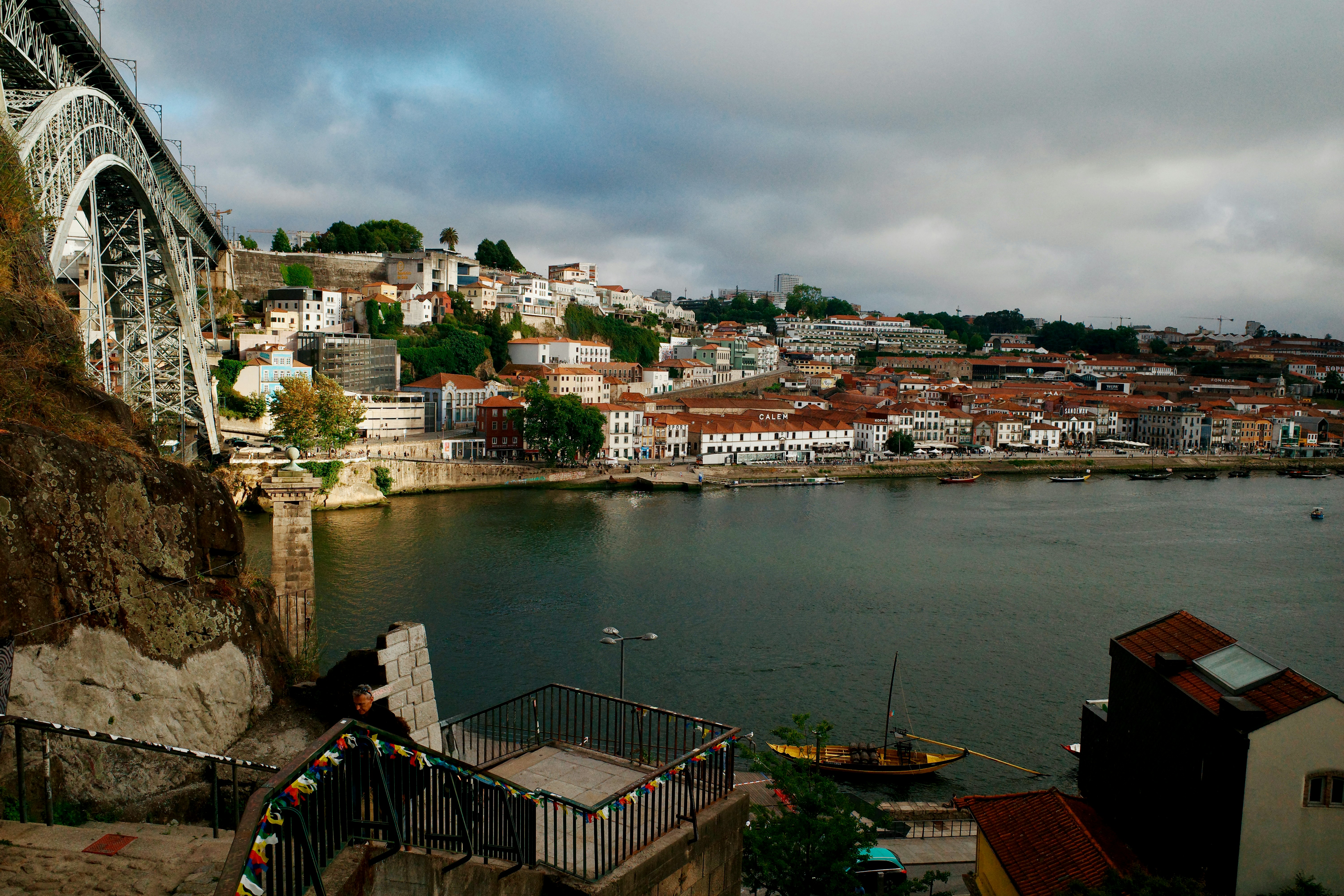 Dom luís i bridge over douro river with porto cityscape.