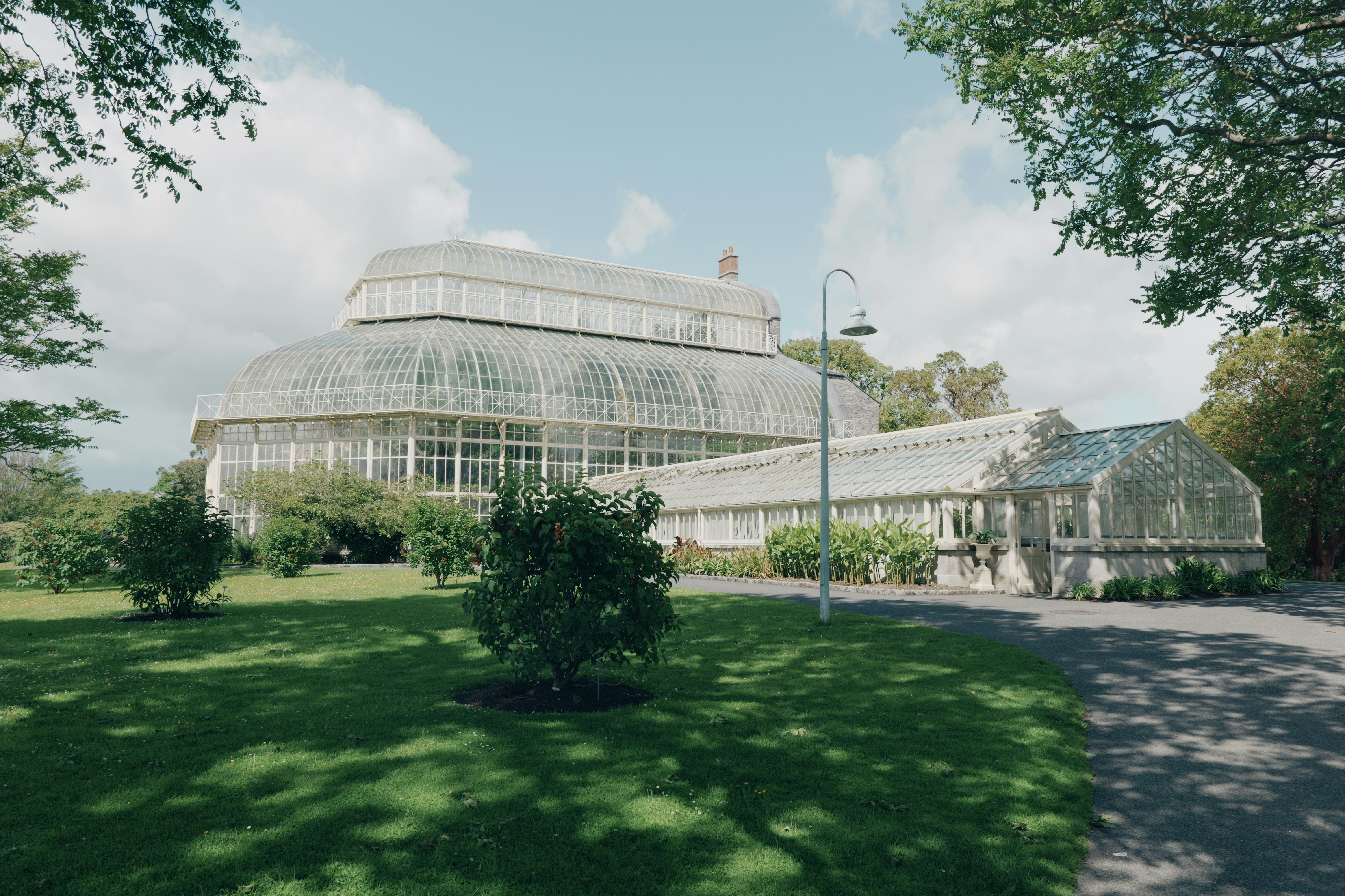 Glass Conservatory Beneath a Sunlit Canopy