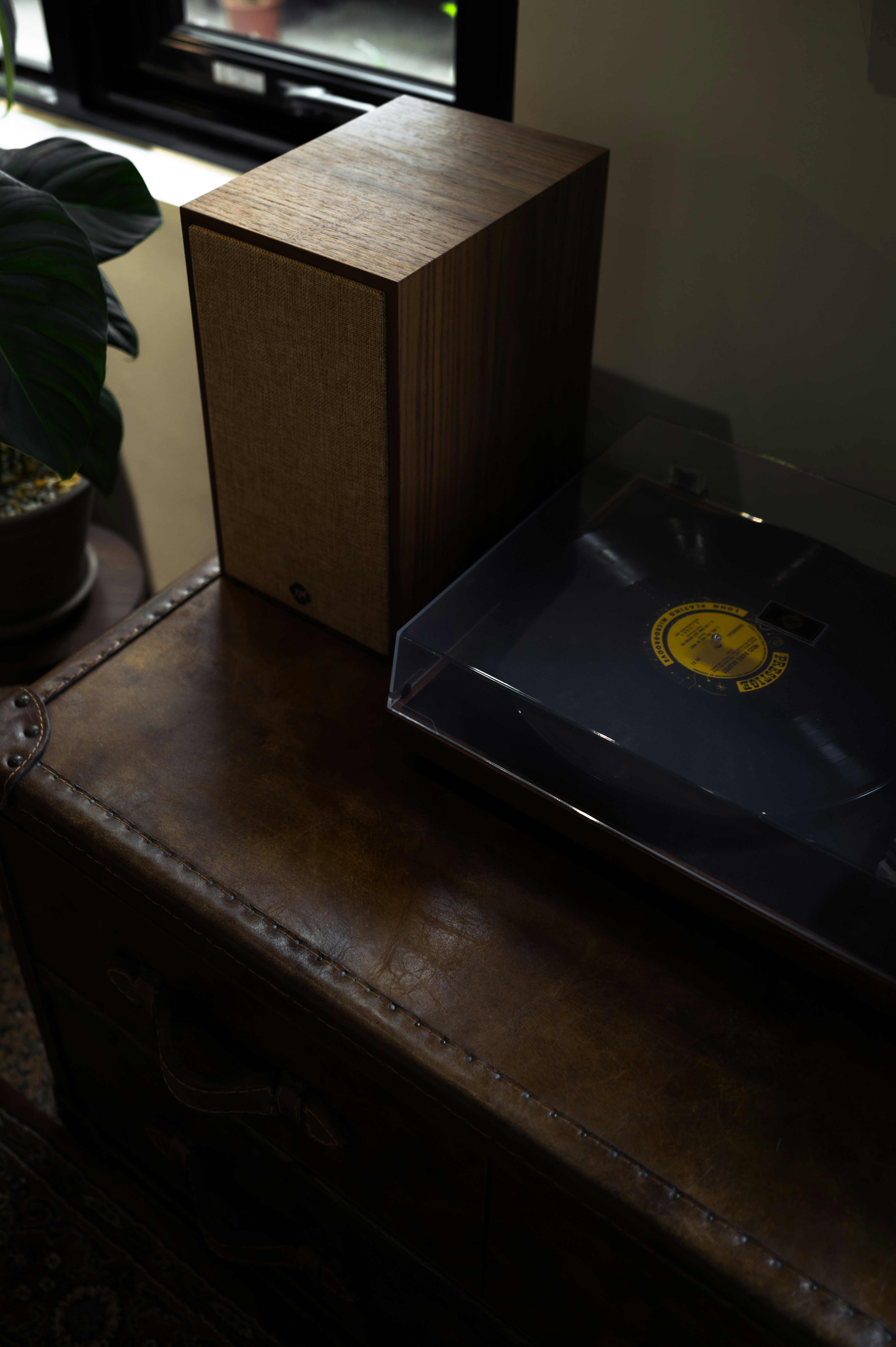 Wooden speaker and record player on a vintage leather trunk.