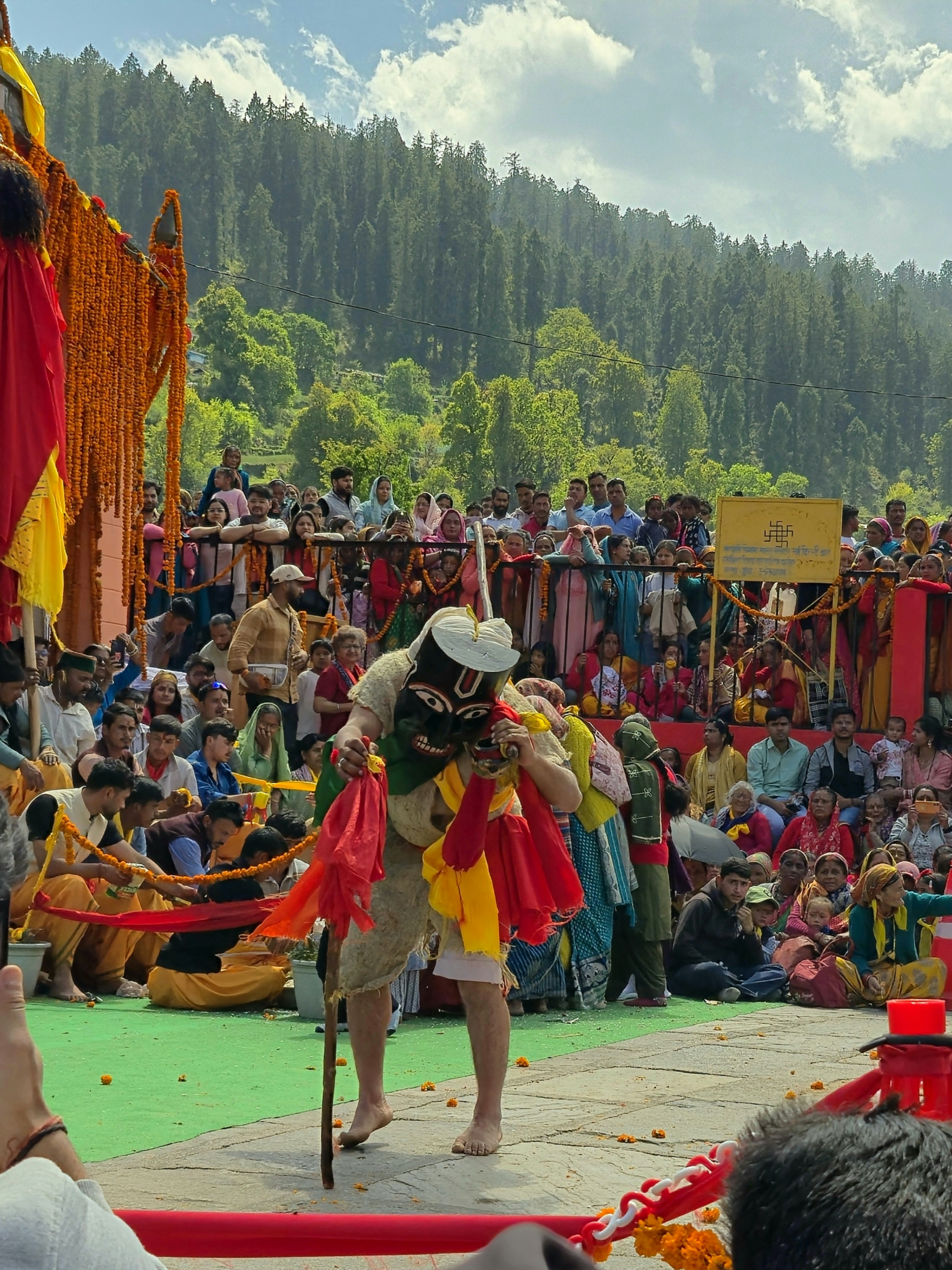 Masked Wrestler Under the Gilded Arch in a Festival of Color