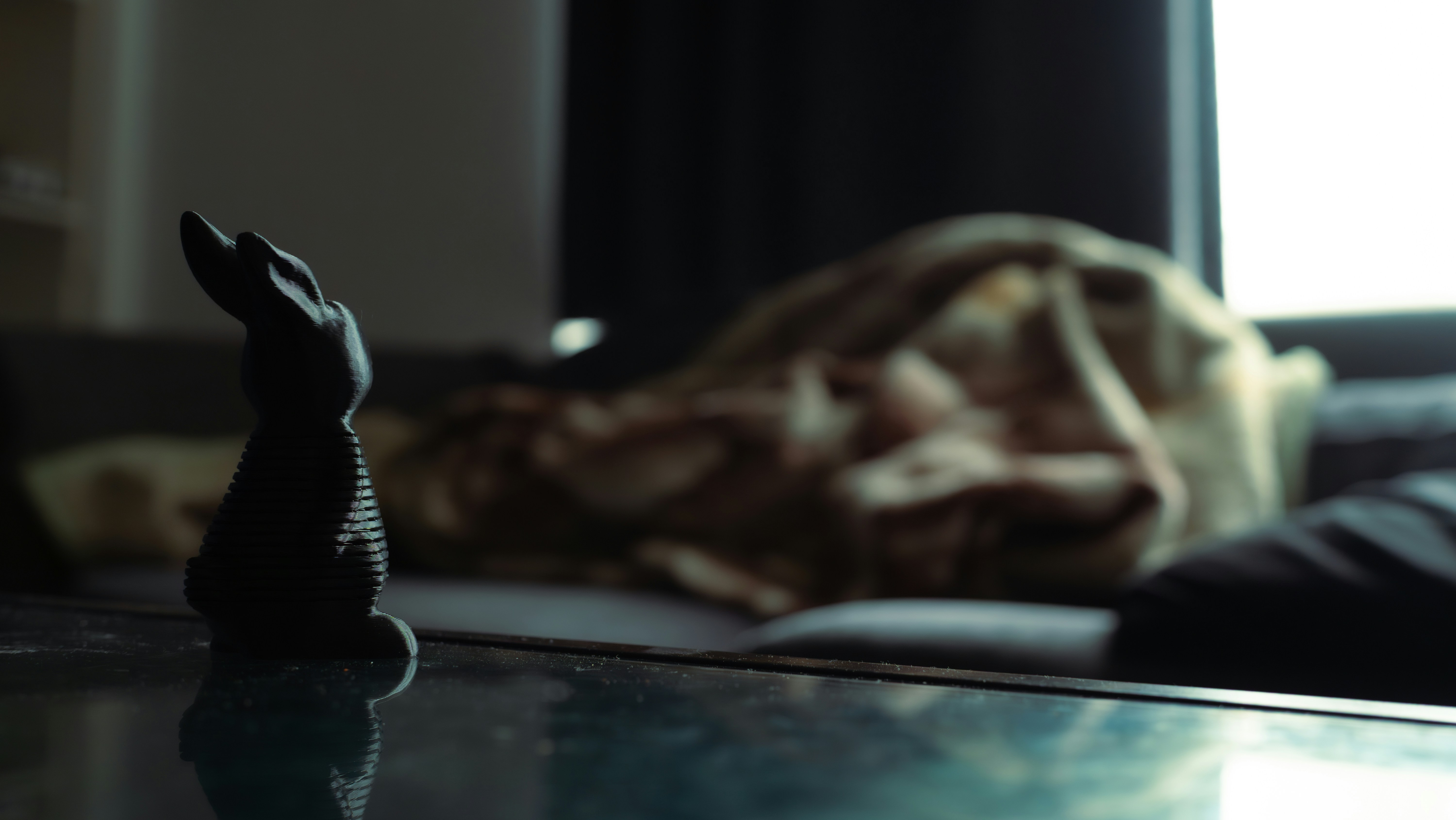 A lone leg of the small figurine rests on a glossy surface with a blurred cozy backdrop
