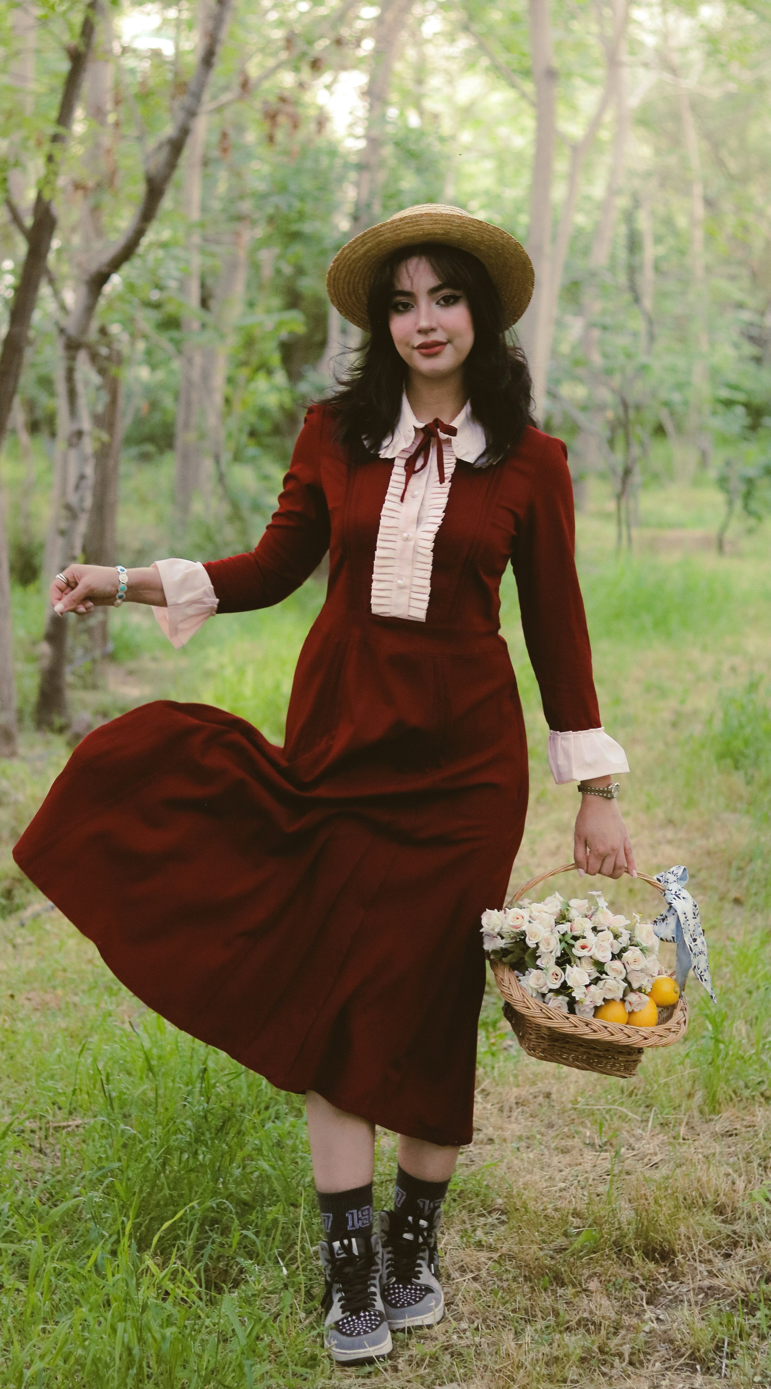 Vintage Red Dress in a Sunlit Orchard