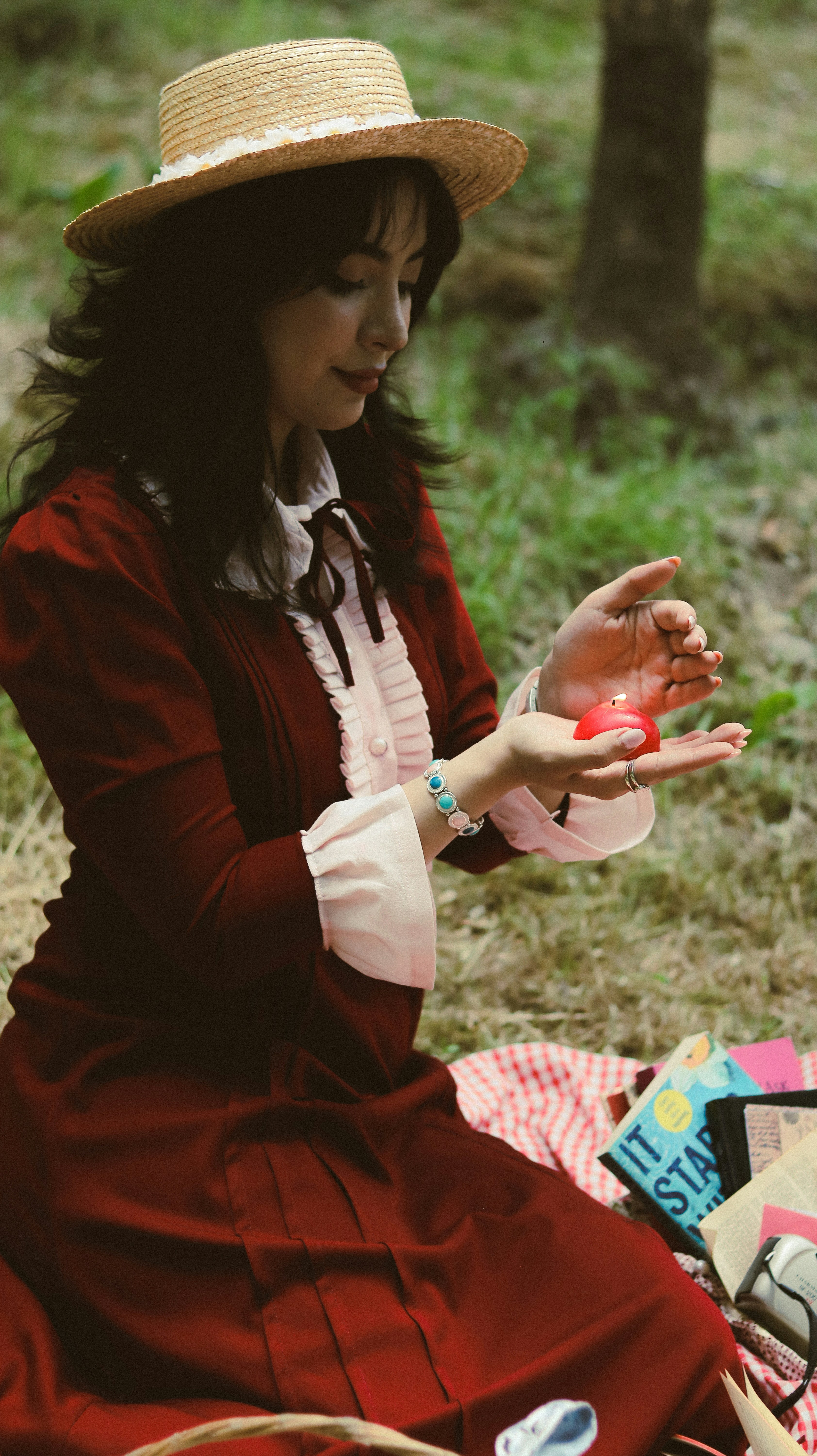 Red Velvet Picnic: A Quiet Moment with a Capped Apple