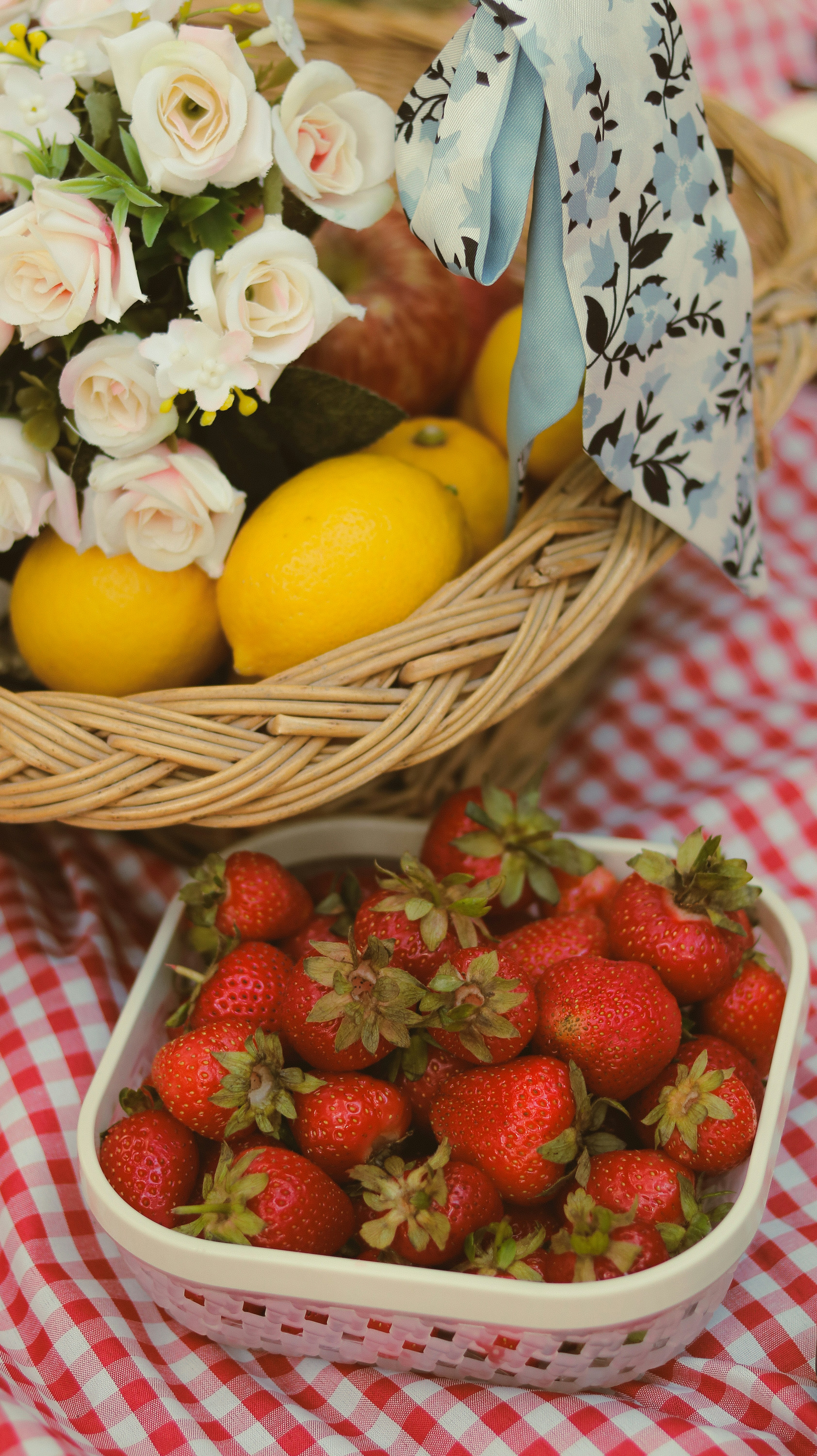 Sunlit Citrus and Blossom Basket over a Raspberry Check