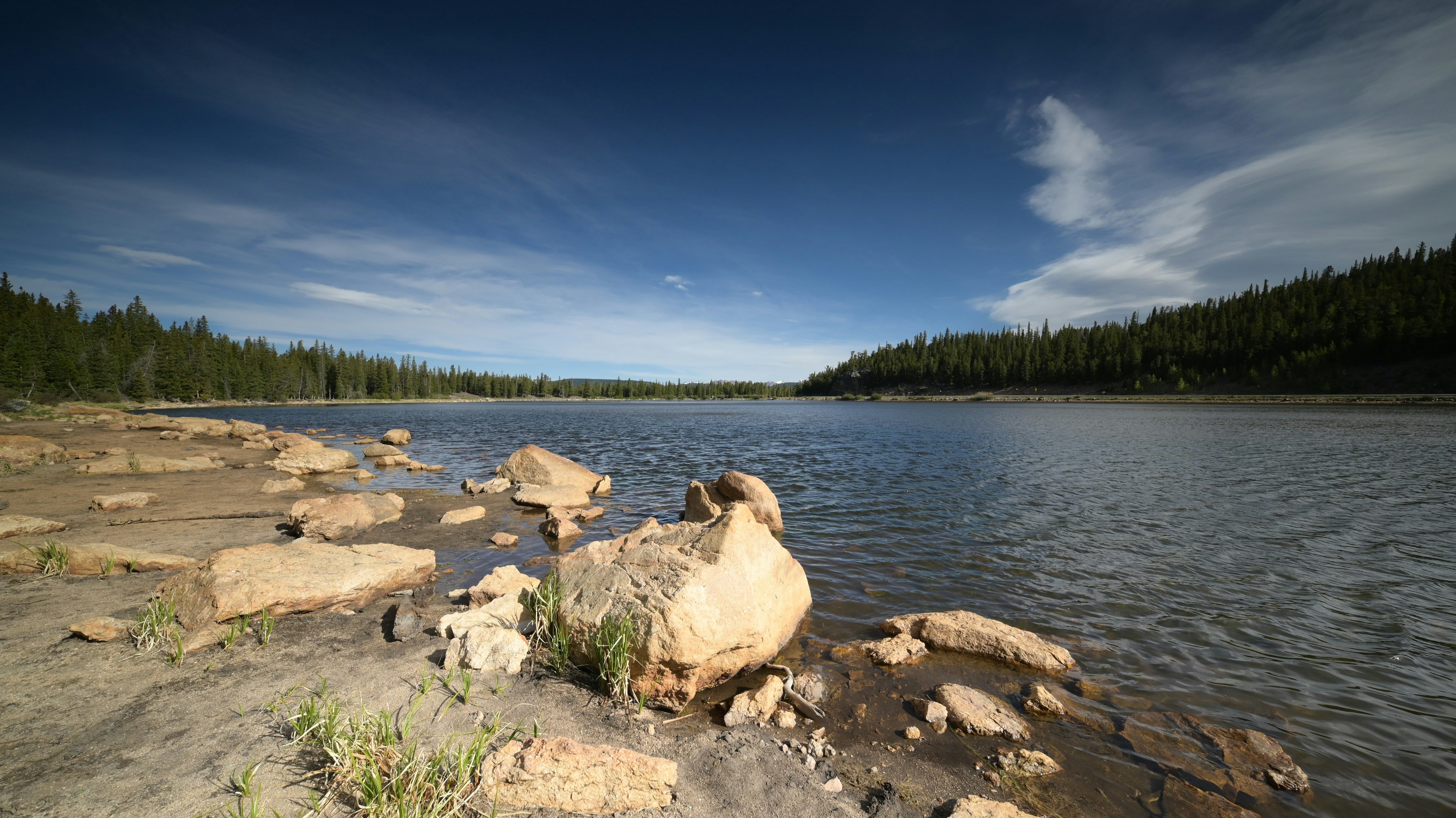 Serene lake with rocky shore and forest under blue sky.