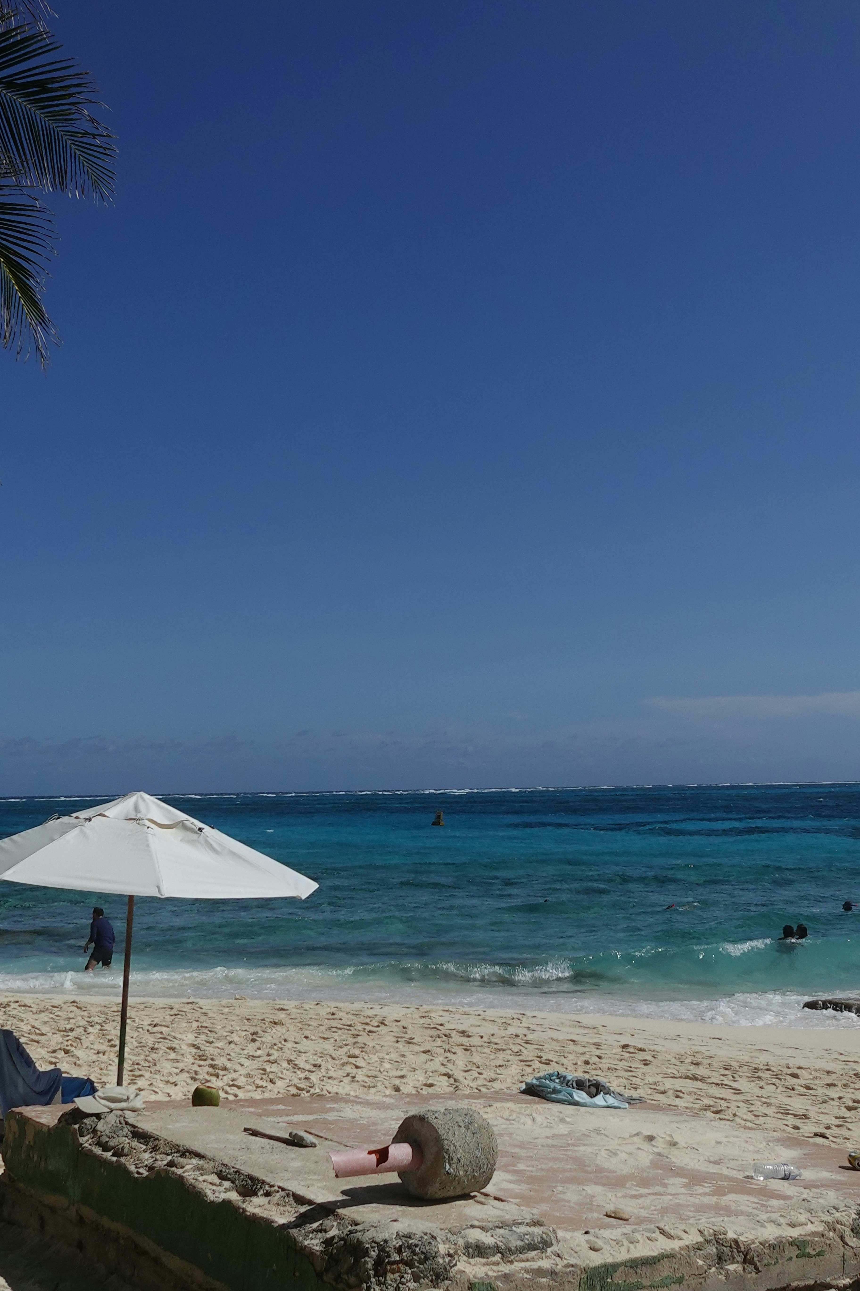 Sunlit Beach Edge: Blue Horizon and Shaded Umbrella