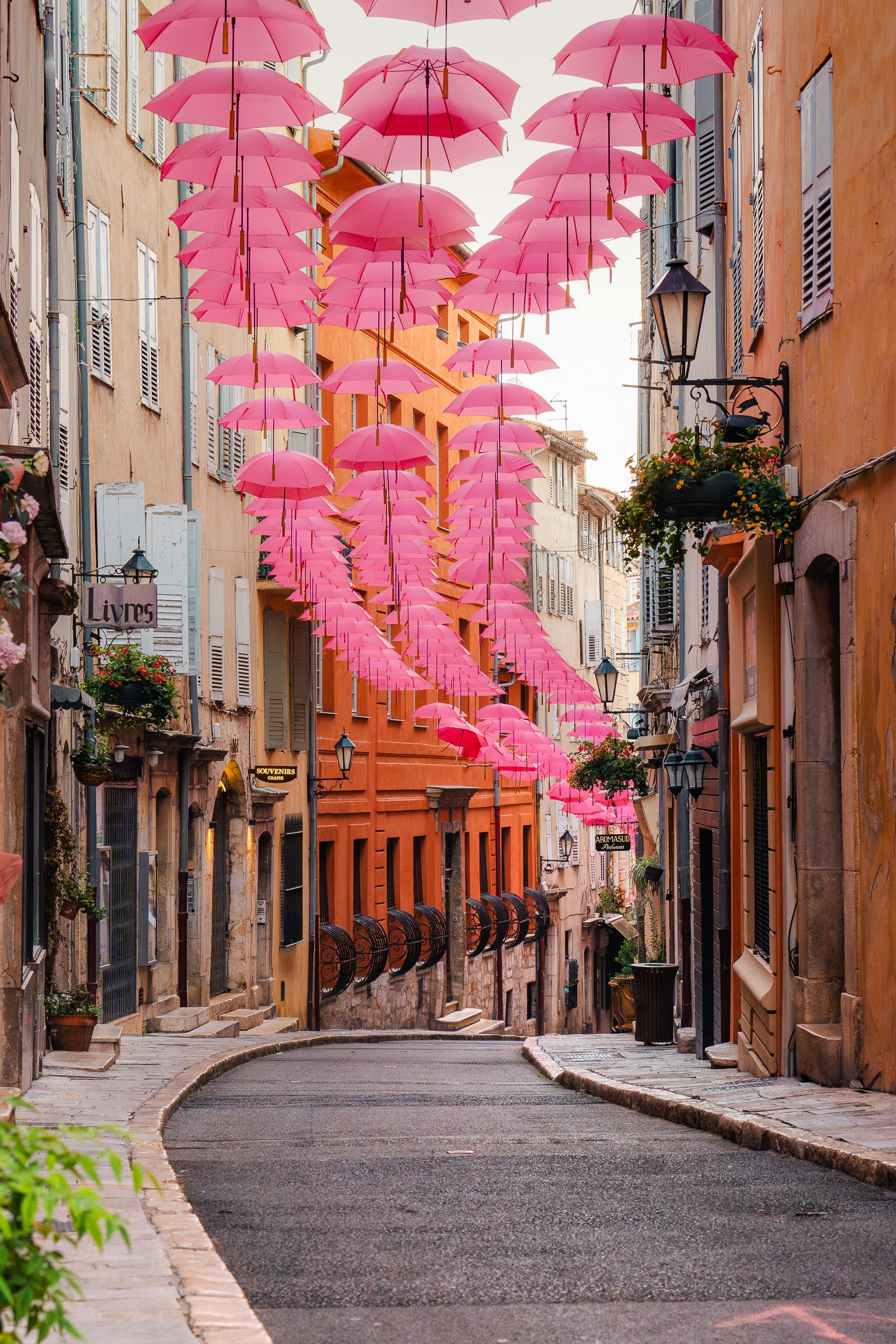 Pink Umbrellas Over a Winding European Street
