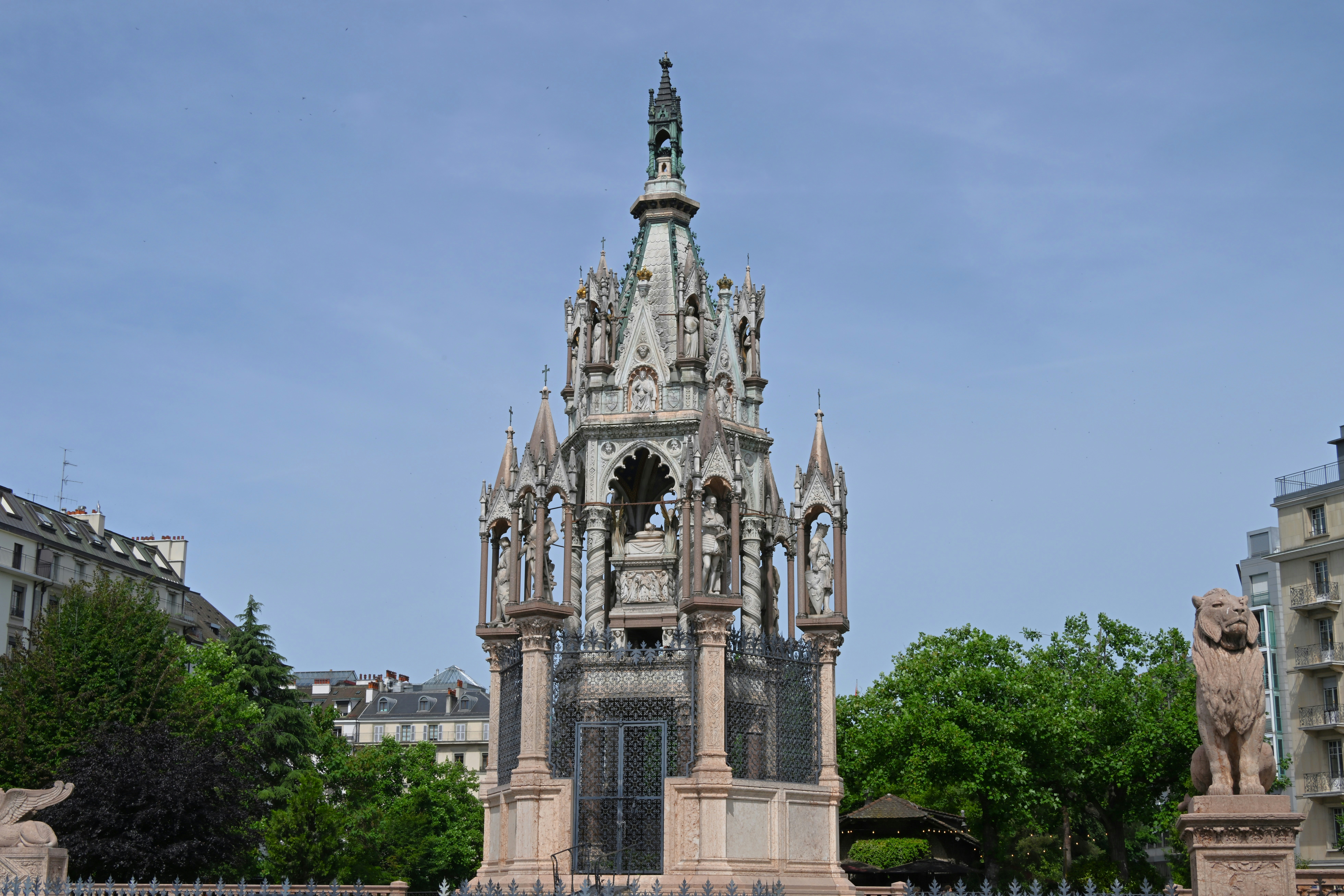 Ornate duke of brunswick mausoleum under a clear blue sky.