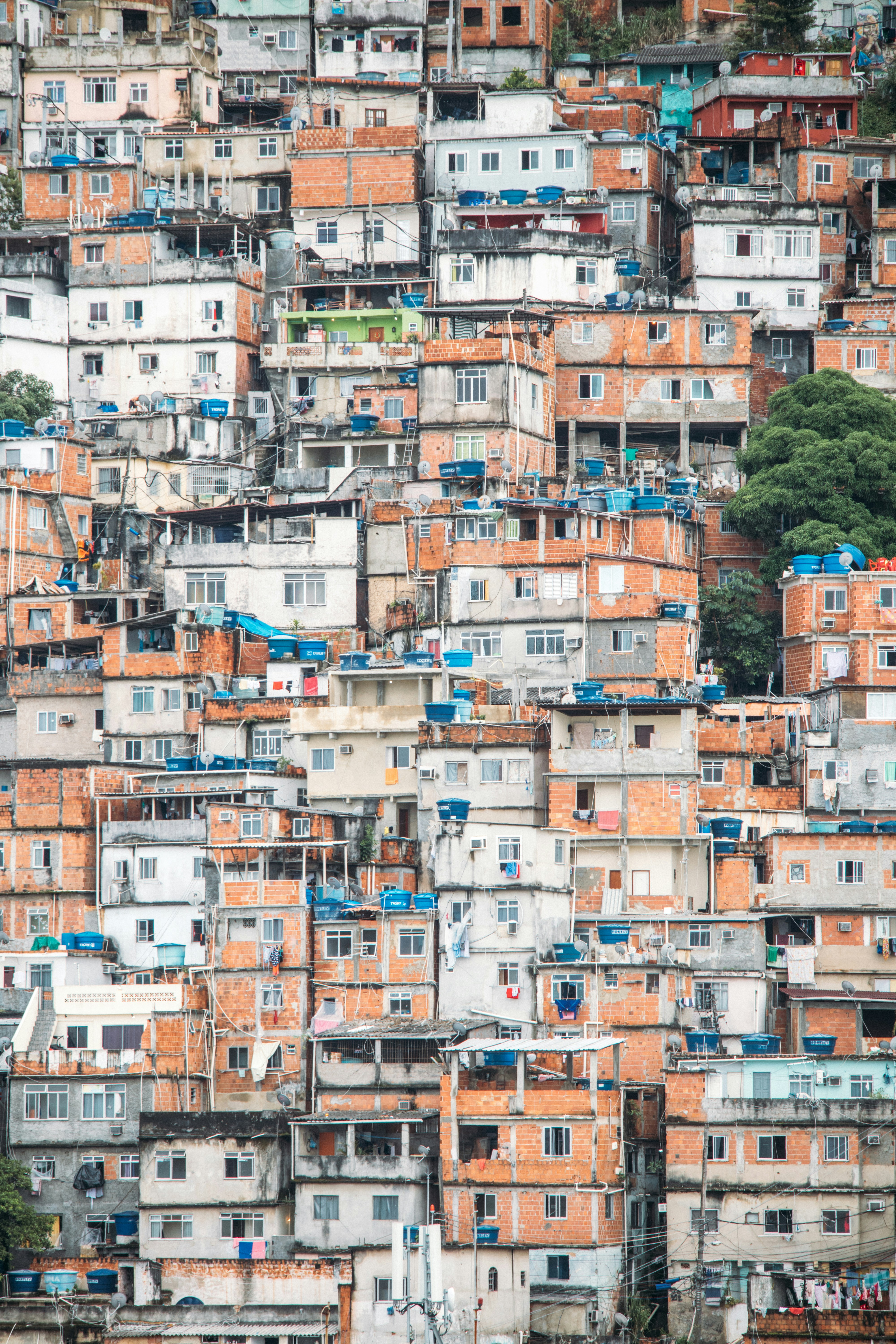 Crowded favela buildings densely packed on a steep hillside.