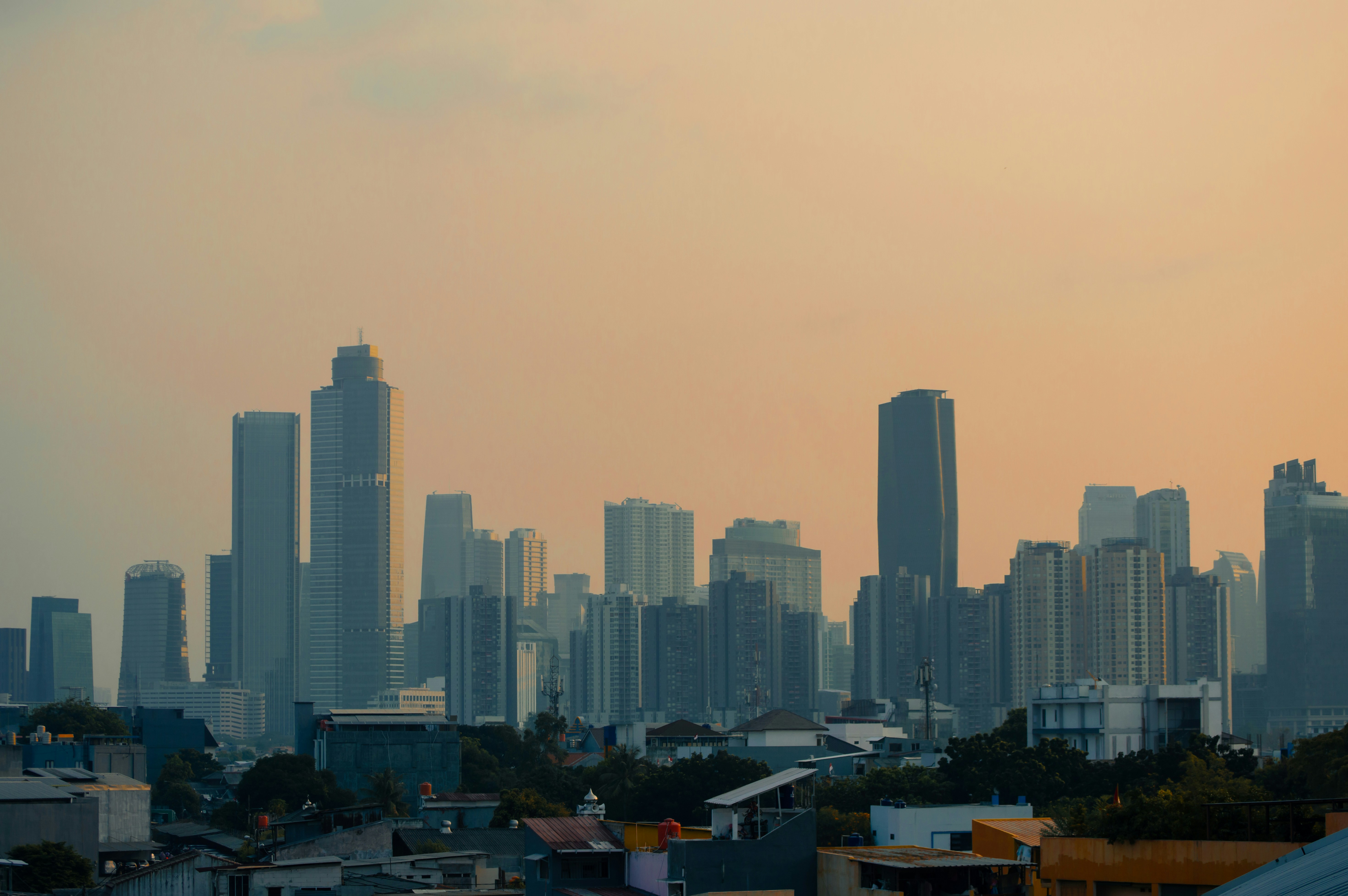 Dusk Skyline: Silhouetted Towers Rise Over Suburban Layer