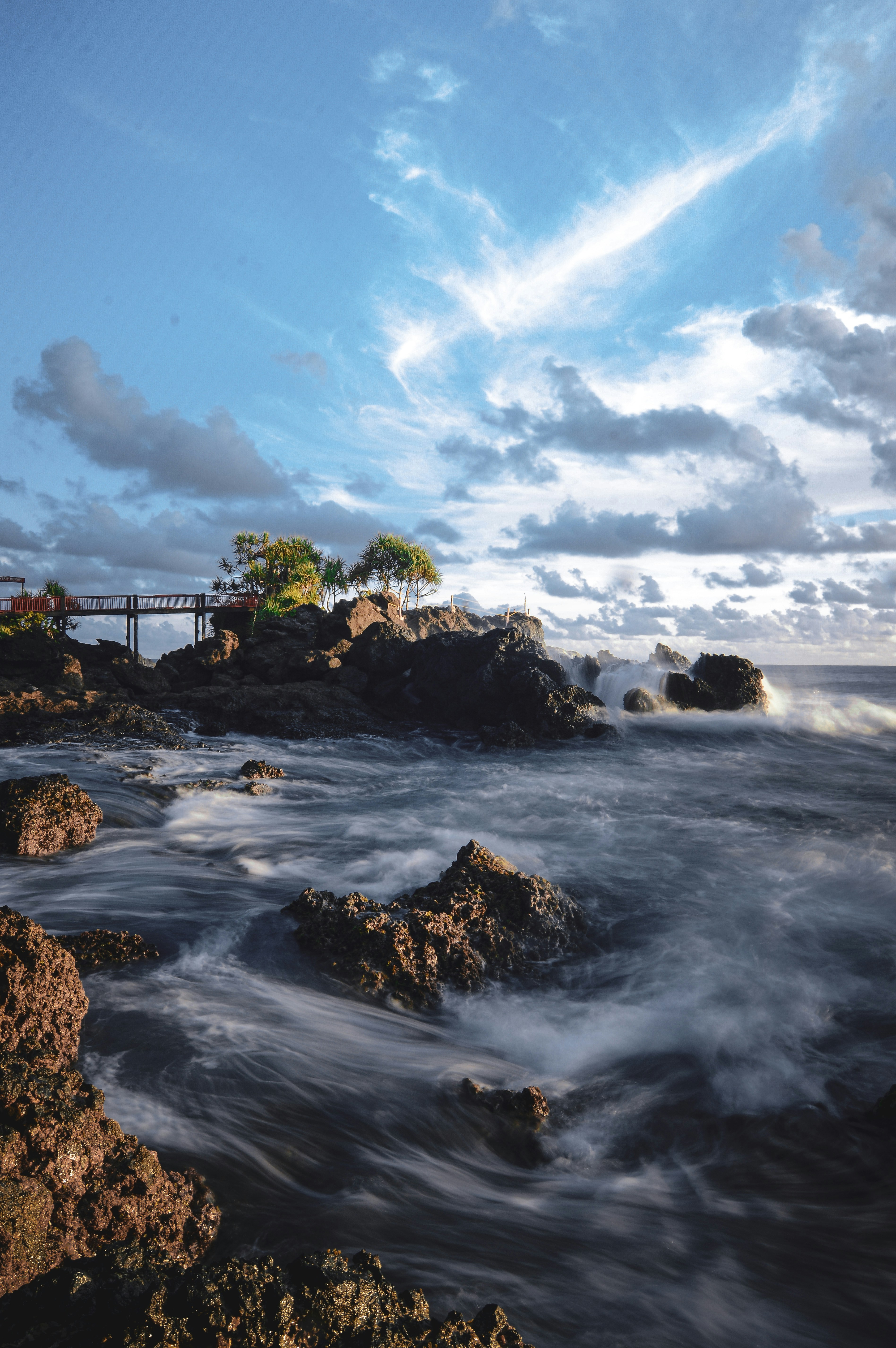 Rugged shoreline晨光: basalt rocks, wind-tossed sea and a treeline silhouette
