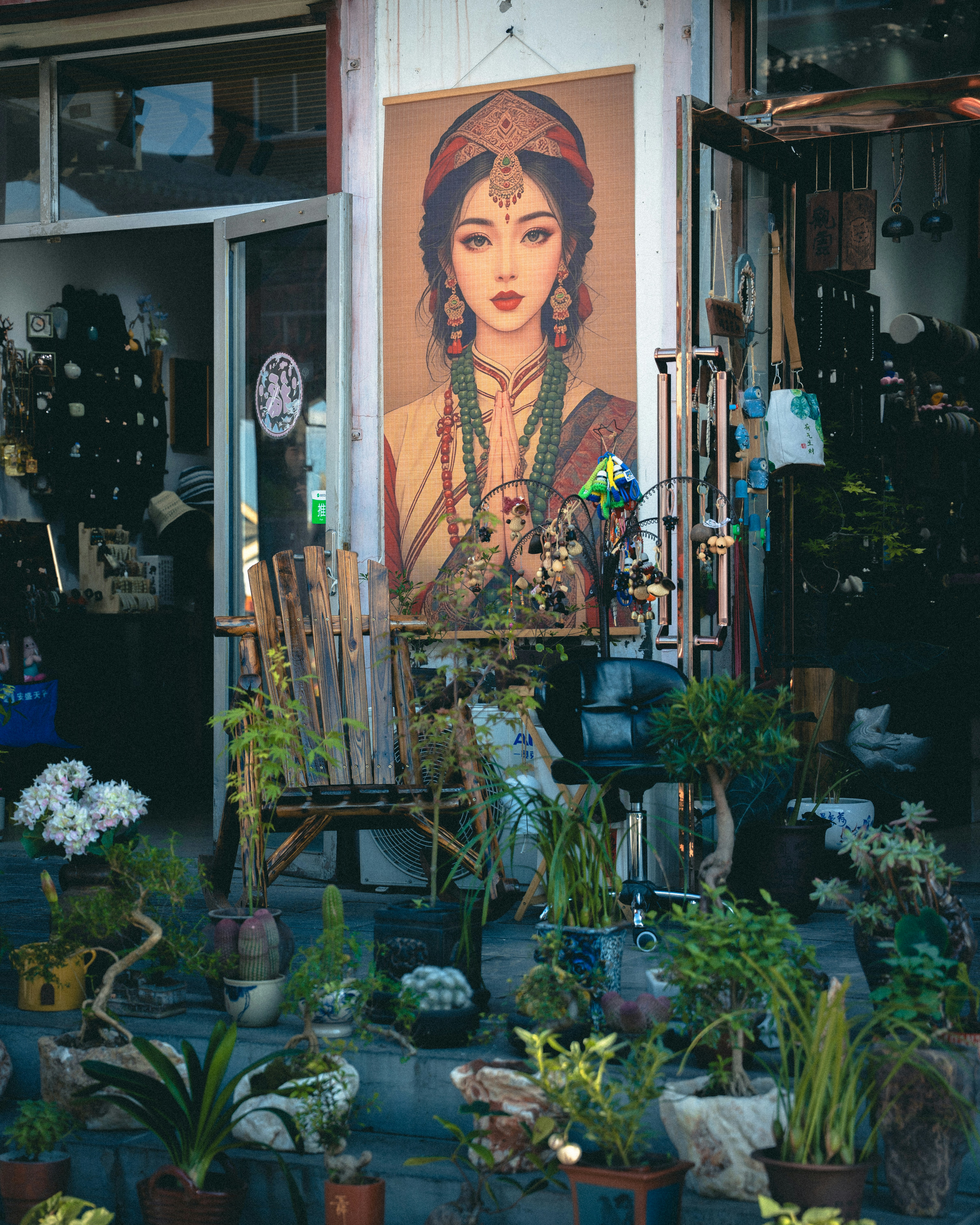 Portrait of a mural subject framed by a cluttered storefront garden