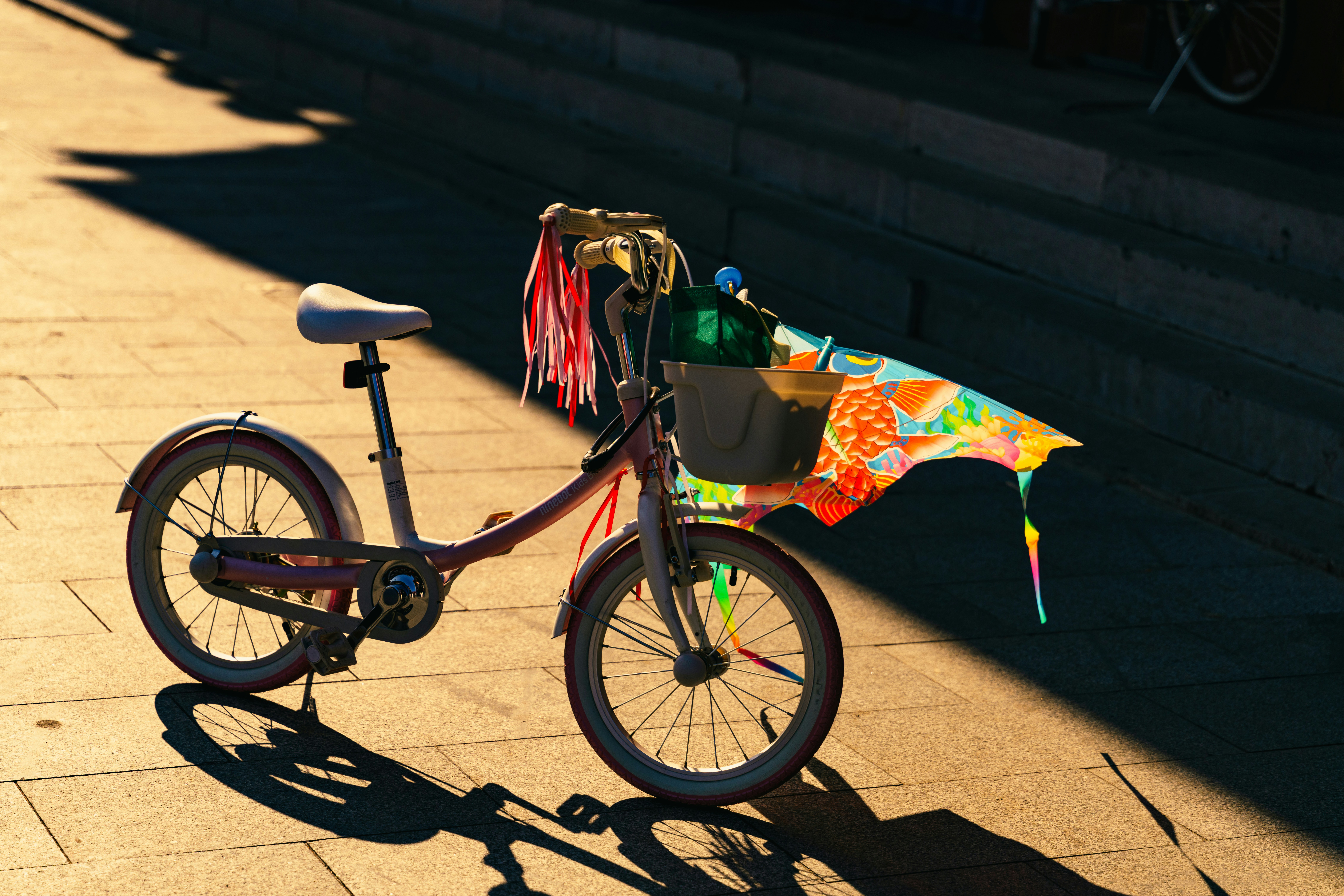 Sunlit Tricycle with Colorful Front Basket in Quiet Street