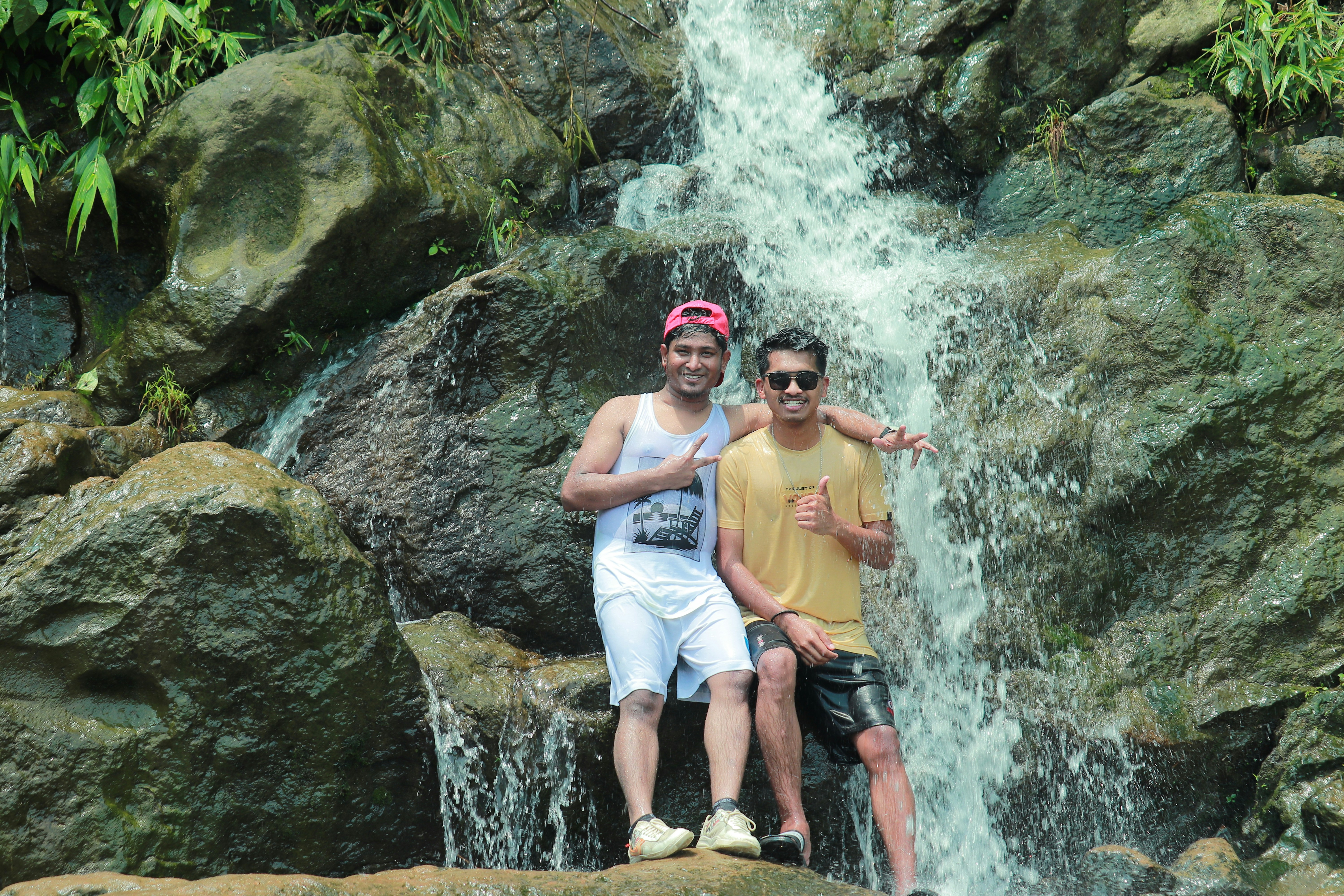Two Friends at a Cascade: A Sunny Cliffside Break