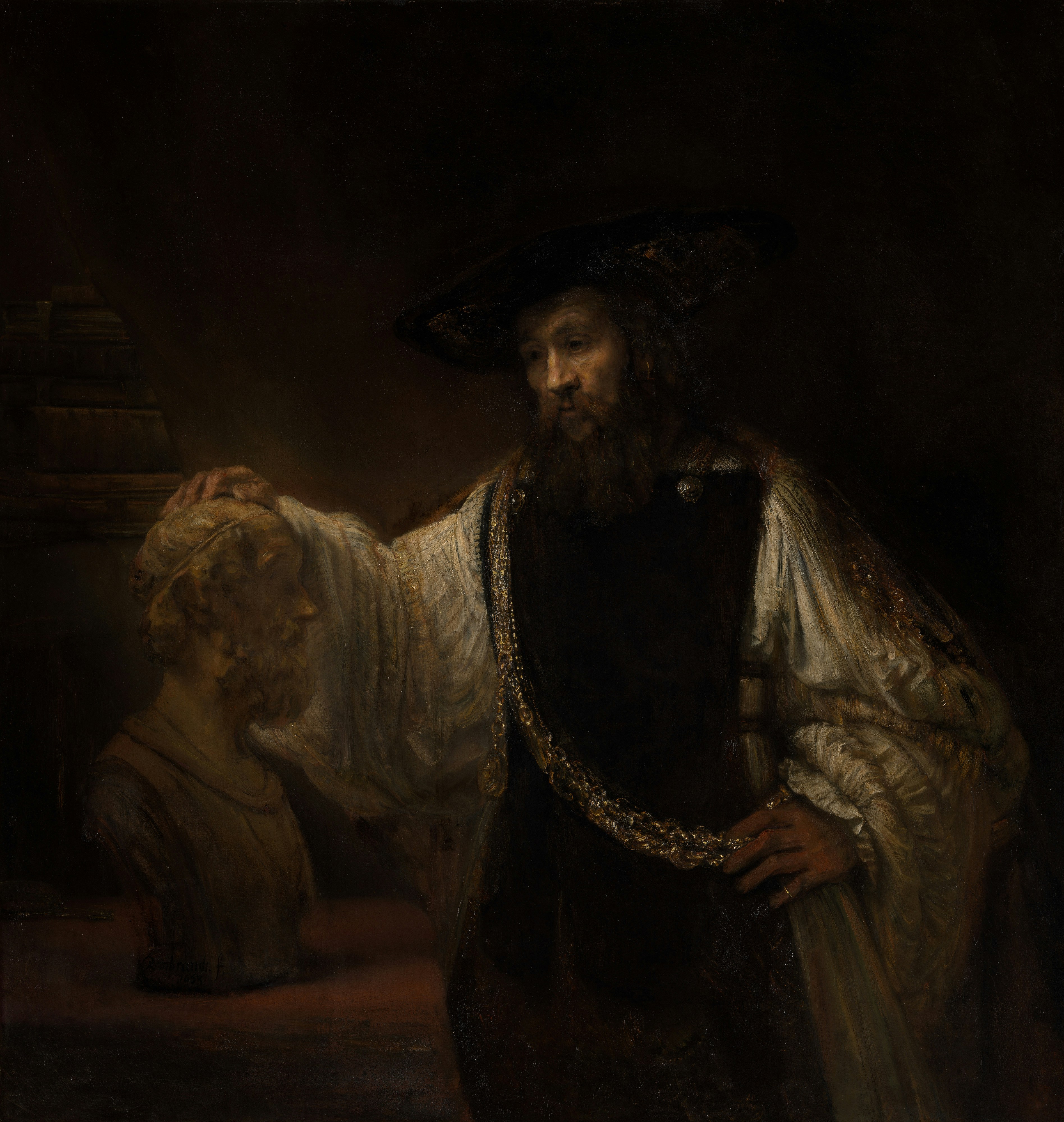 Title: Aristotle with a Bust of Homer, Artist: Rembrandt (Rembrandt van Rijn) (Dutch, Leiden 1606–1669 Amsterdam), Date: 1653, Medium: Oil on canvas, Dimensions: 56 1/2 x 53 3/4 in. (143.5 x 136.5 cm), Classification: Paintings, Credit Line: Purchase, special contributions and funds given or bequeathed by friends of the Museum, 1961, Object Number: 61.198, Curatorial Department: European Paintings