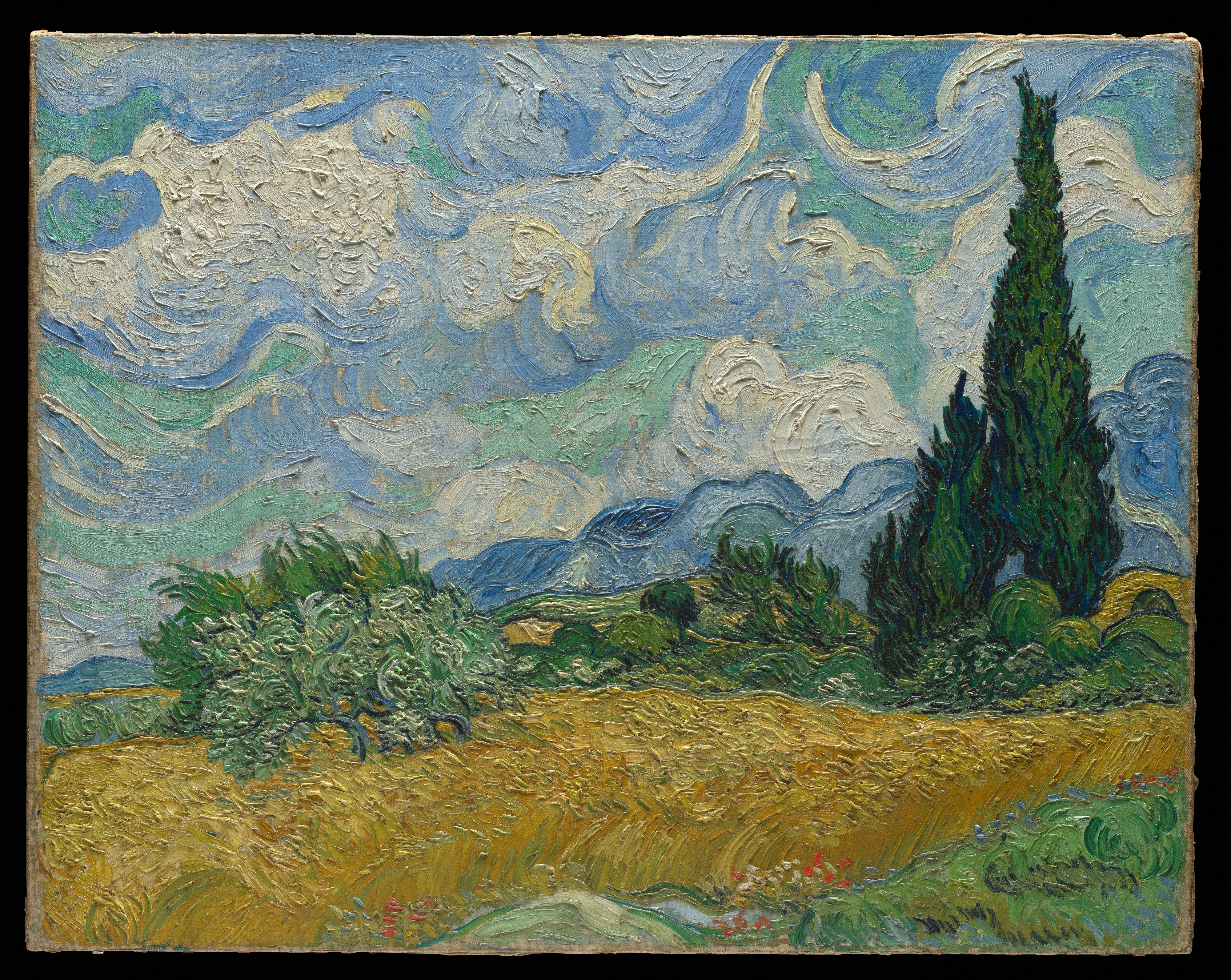 Title: Wheat Field with Cypresses, Artist: Vincent van Gogh (Dutch, Zundert 1853–1890 Auvers-sur-Oise), Date: 1889, Medium: Oil on canvas, Dimensions: 28 13/16 × 36 3/4 in. (73.2 × 93.4 cm), Classification: Paintings, Credit Line: Purchase, The Annenberg Foundation Gift, 1993, Object Number: 1993.132, Curatorial Department: European Paintings