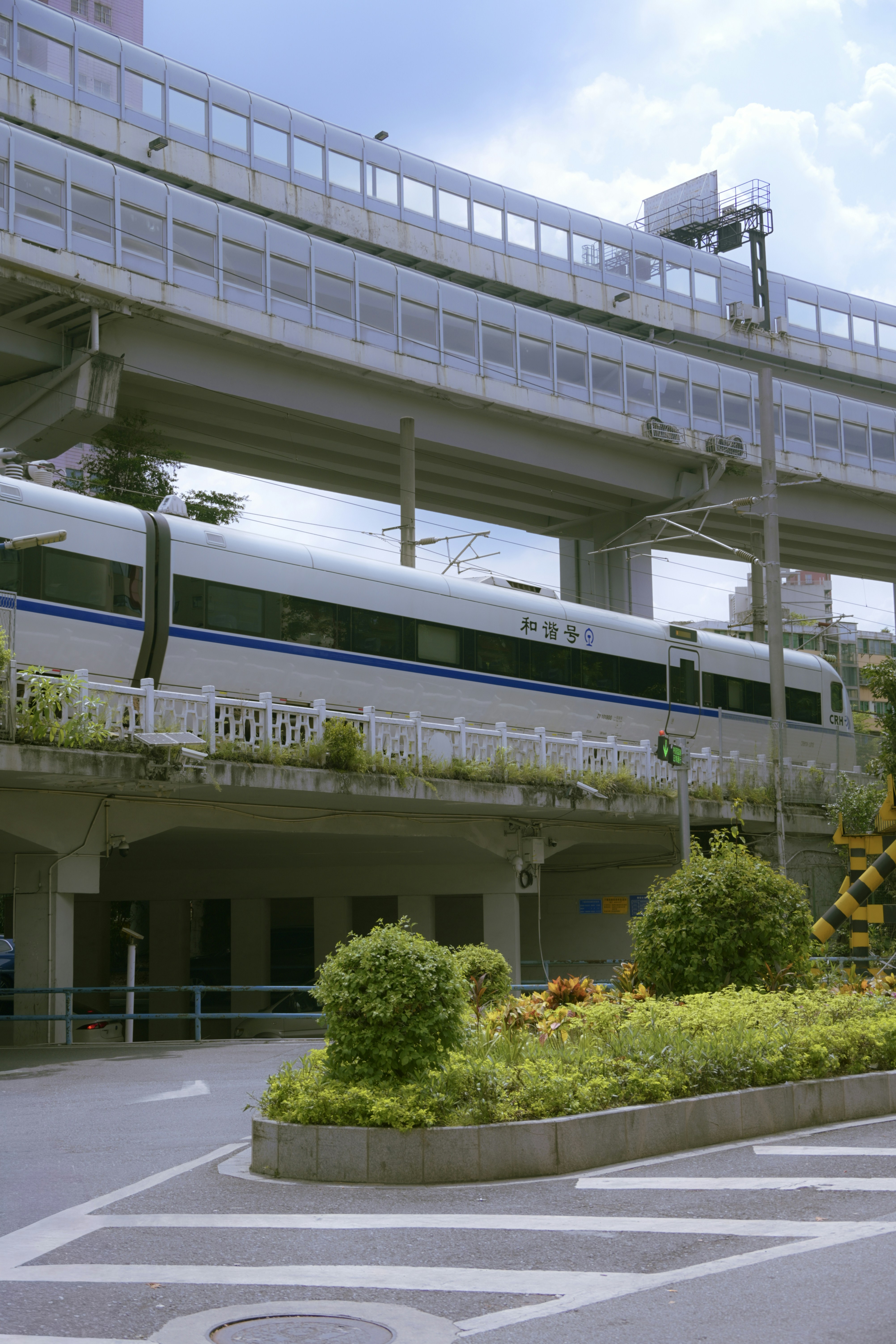 Transit Above: A Monochrome Moment Beneath Overpasses and a Shiny High-Speed Train