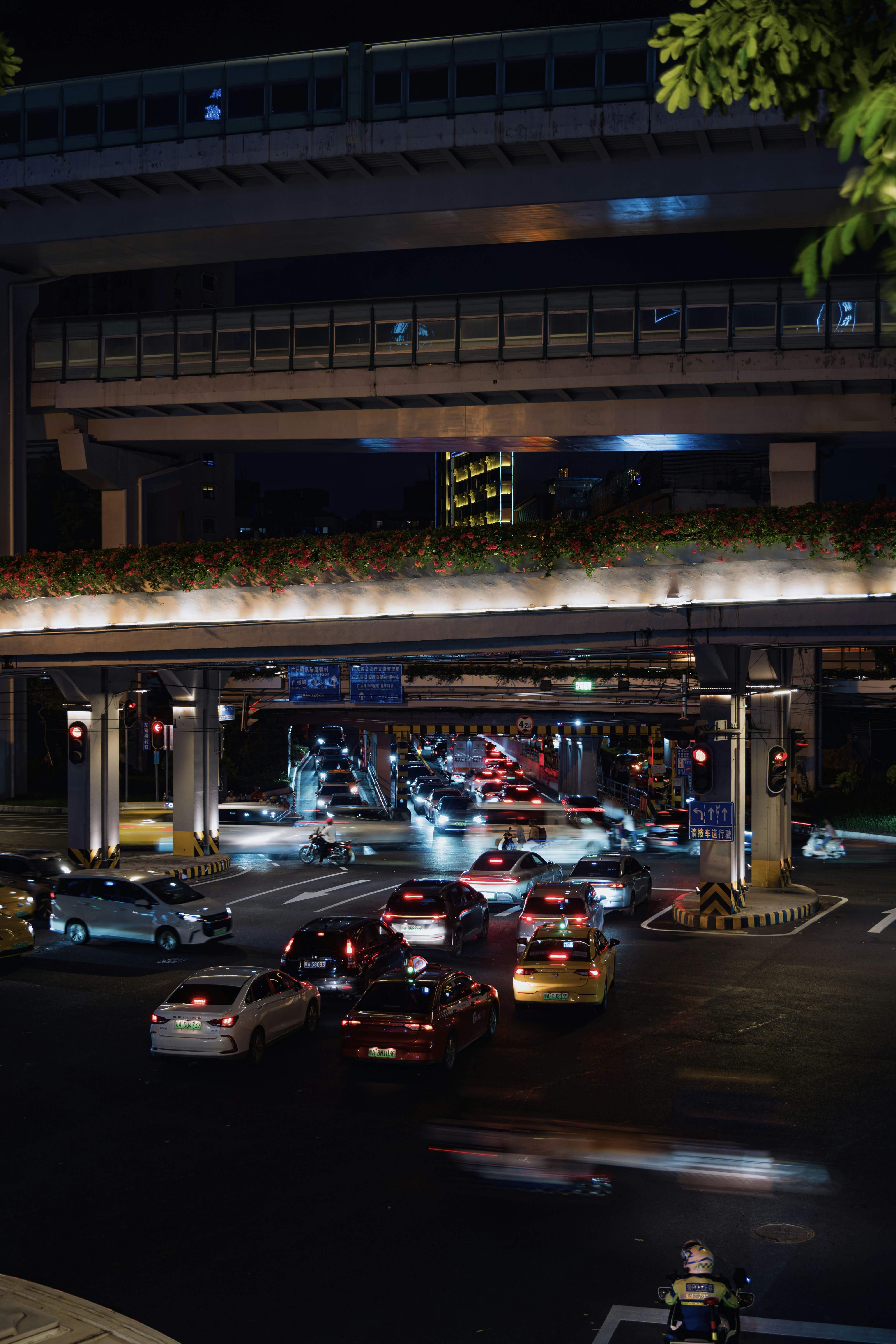 Under the Neon Overpass: Night Traffic in Motion