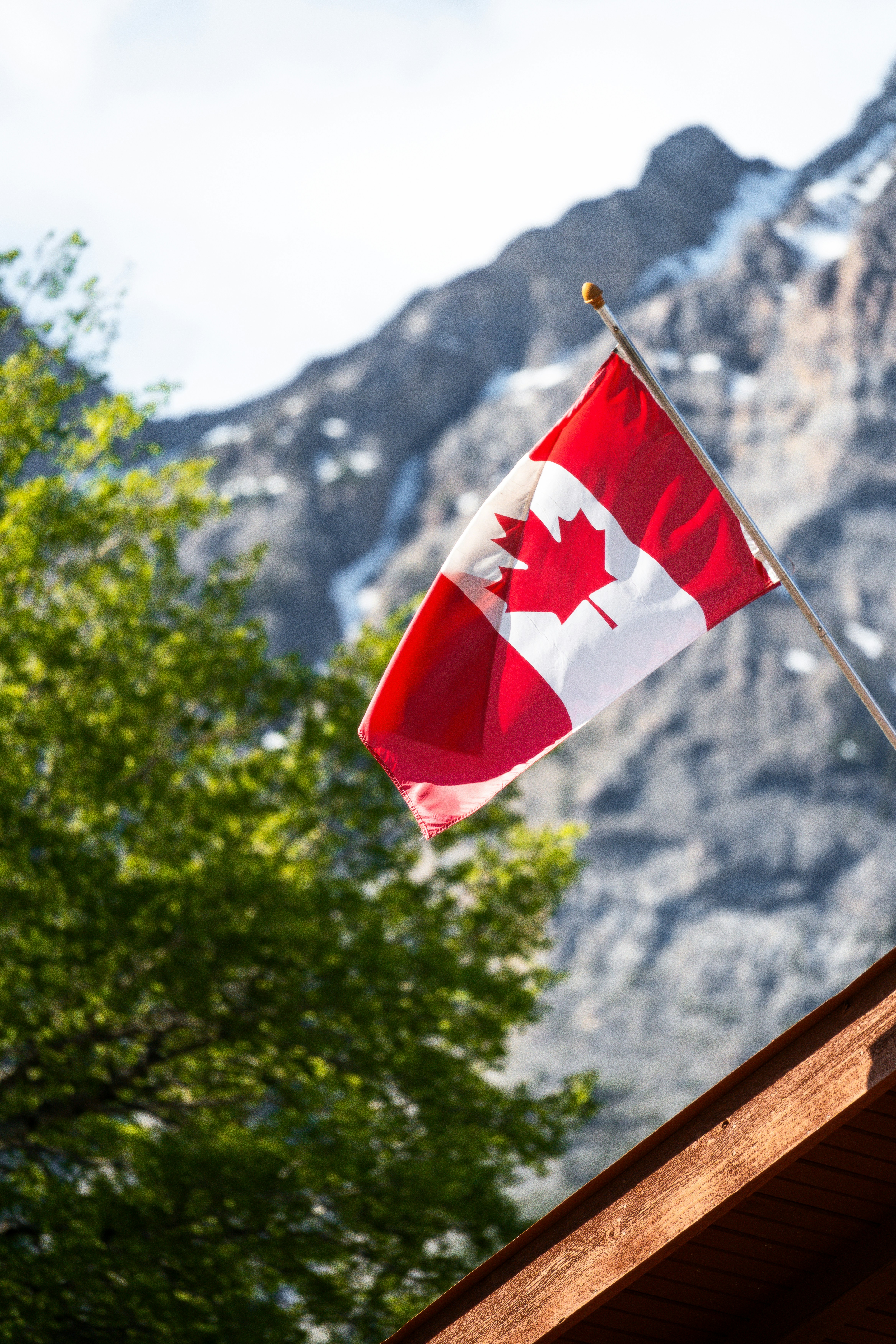 A canadian flag waves before majestic mountains and green trees.