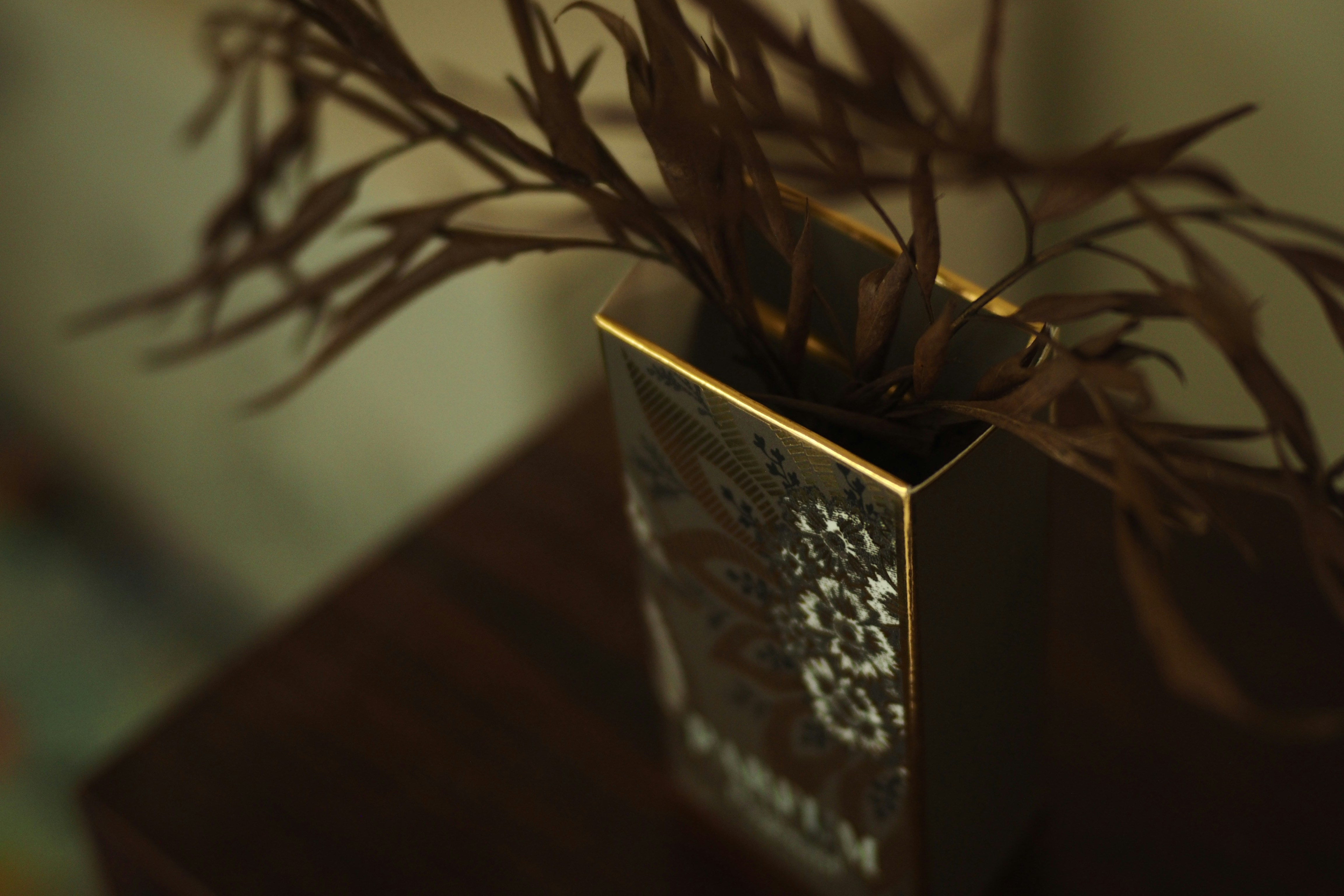 Vase of Quiet Fronds: A Shaded Still Life in Warm Tone