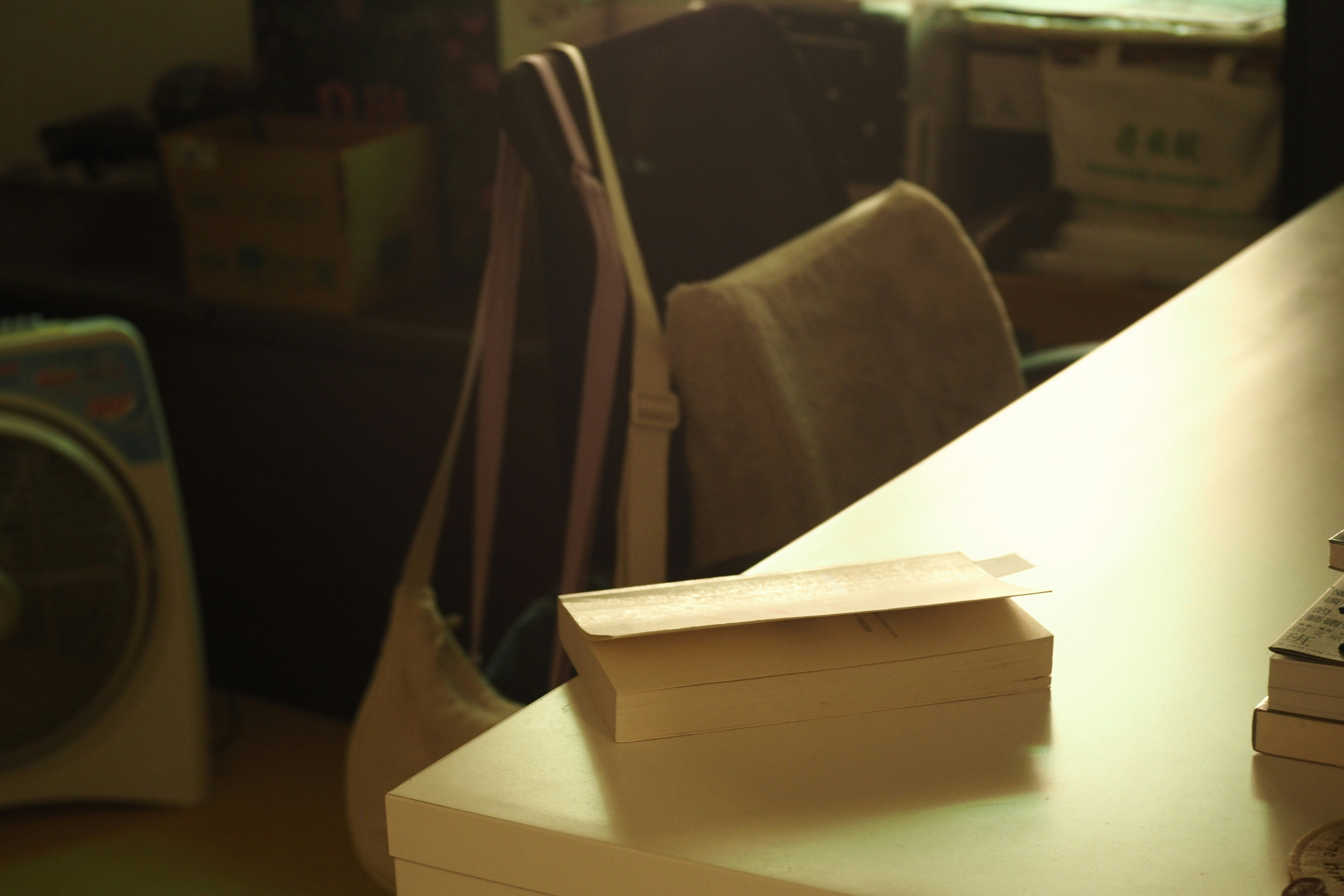 Stacked books on a sunlit desk bathed in warm room glow