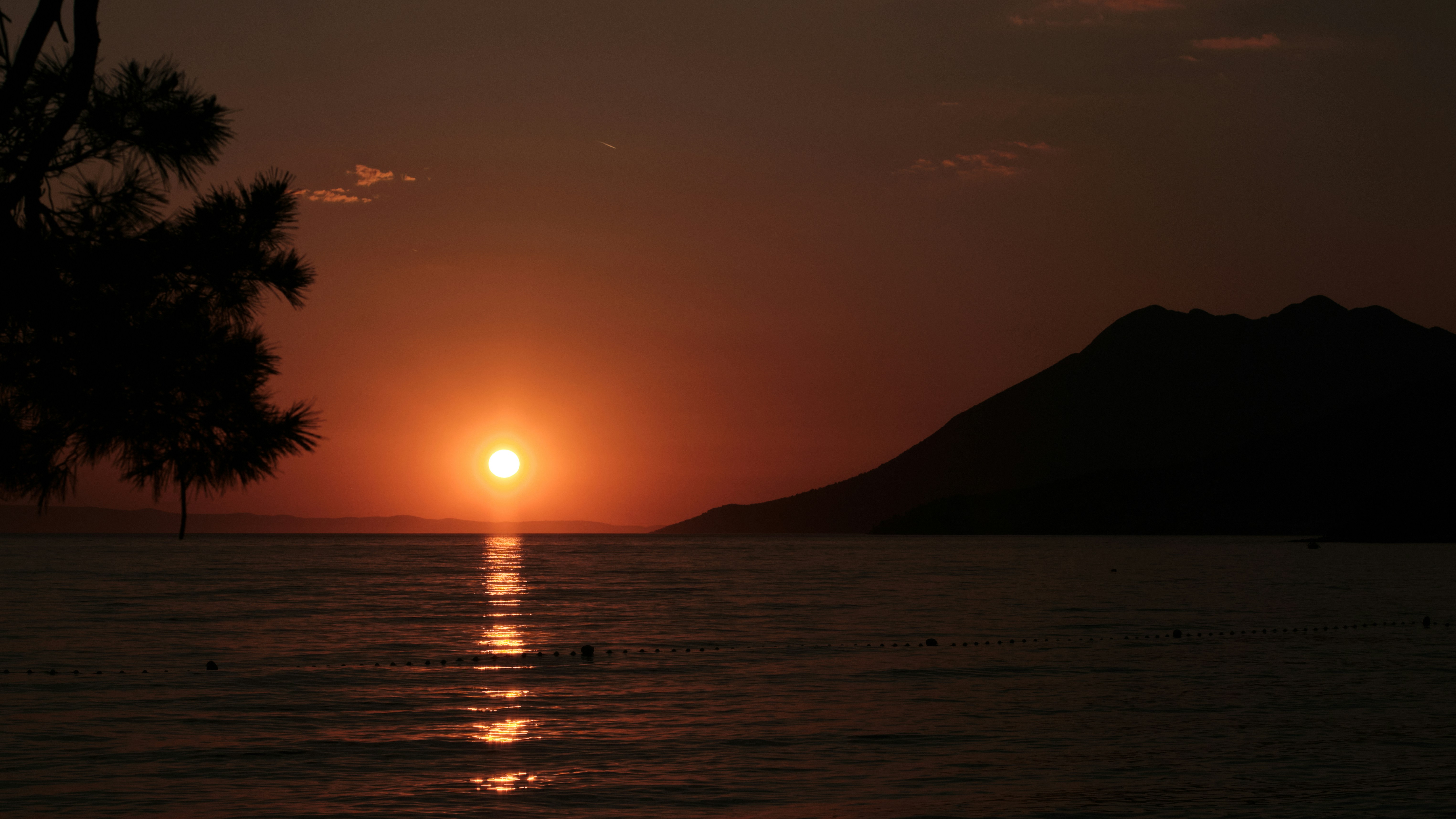A tranquil sunset over a calm sea with the sun dipping near the horizon, a silhouetted shoreline and a lone tree on the left; includes a dark mountain silhouette in the distance.