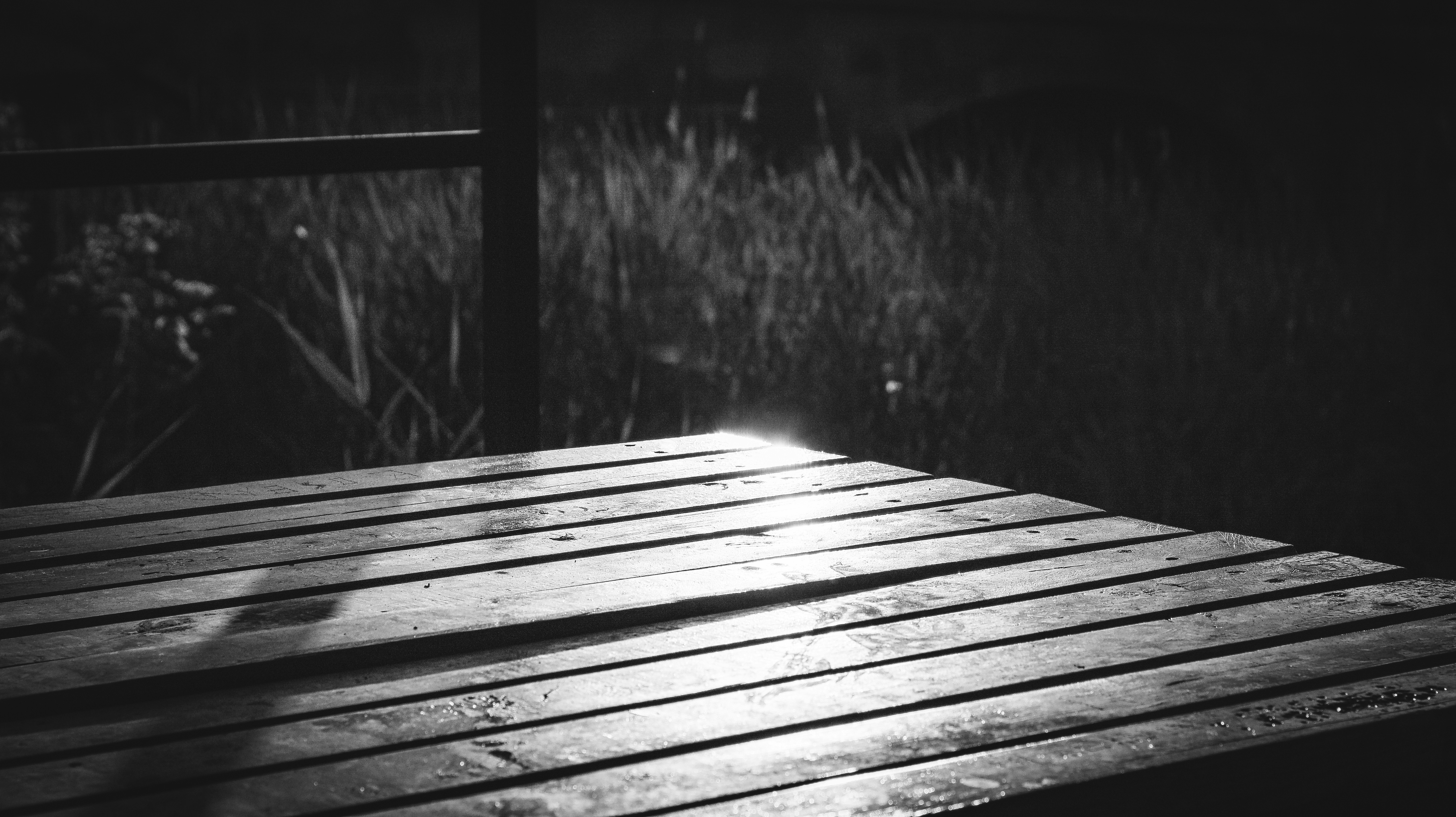 Sunlit Planks: Quiet Geometry on a Dark Terrace