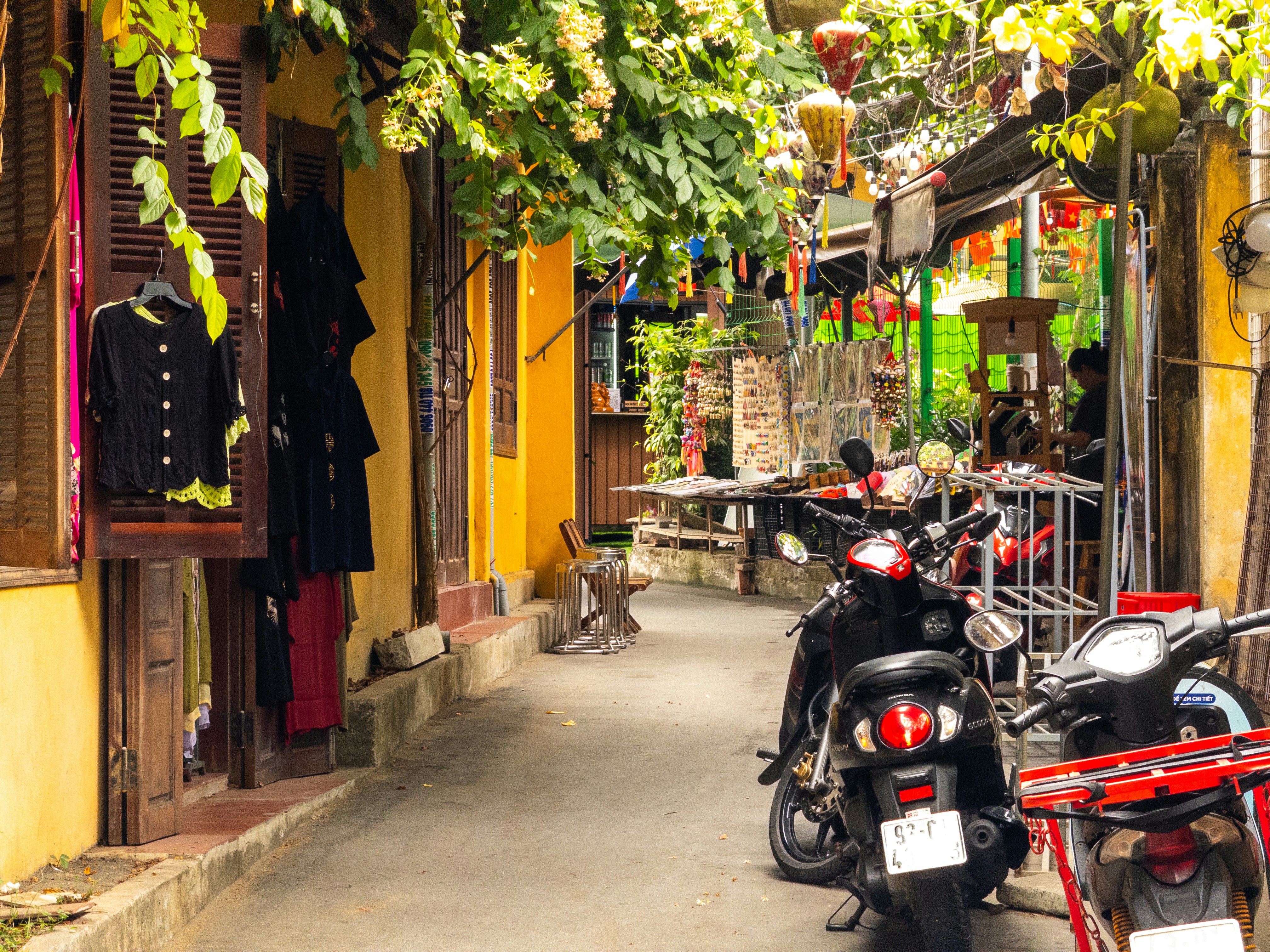 Motorbikes parked on a narrow, yellow street with hanging foliage.