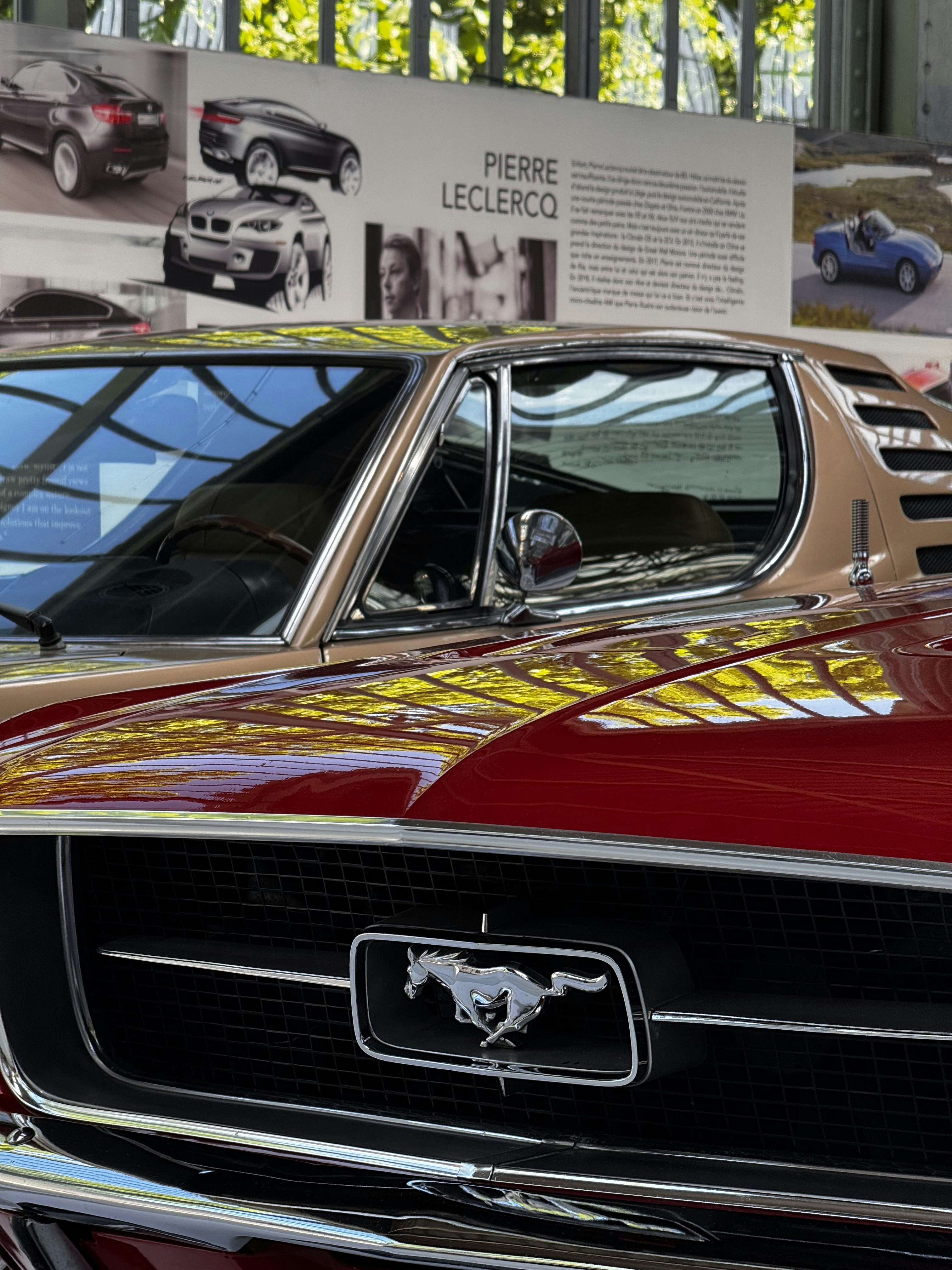 Crimson Pony: A Classic Ford Mustang Framed by a Museum Exhibit