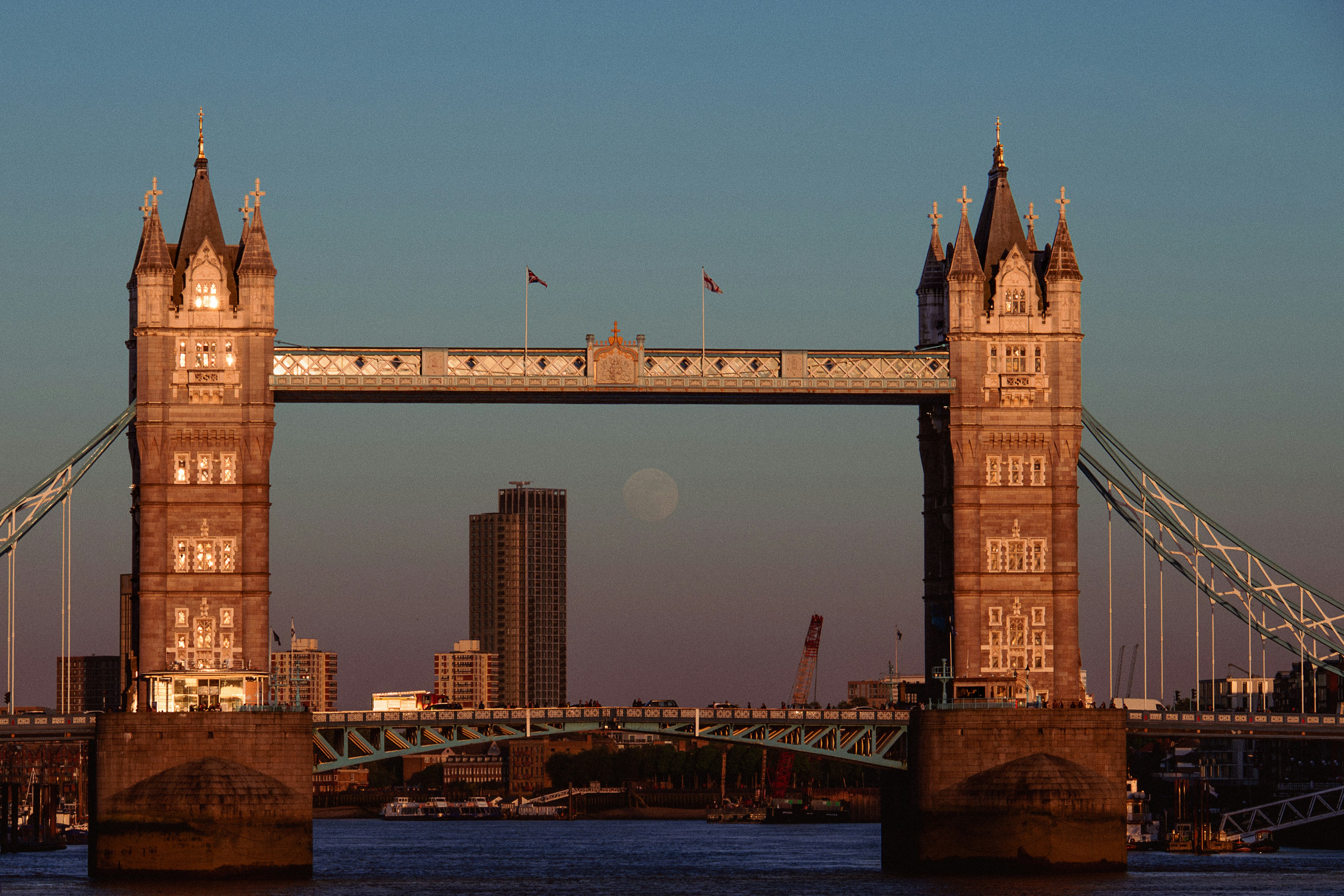 Towering Link: Tower Bridge Framed at Dusk with Moonrise