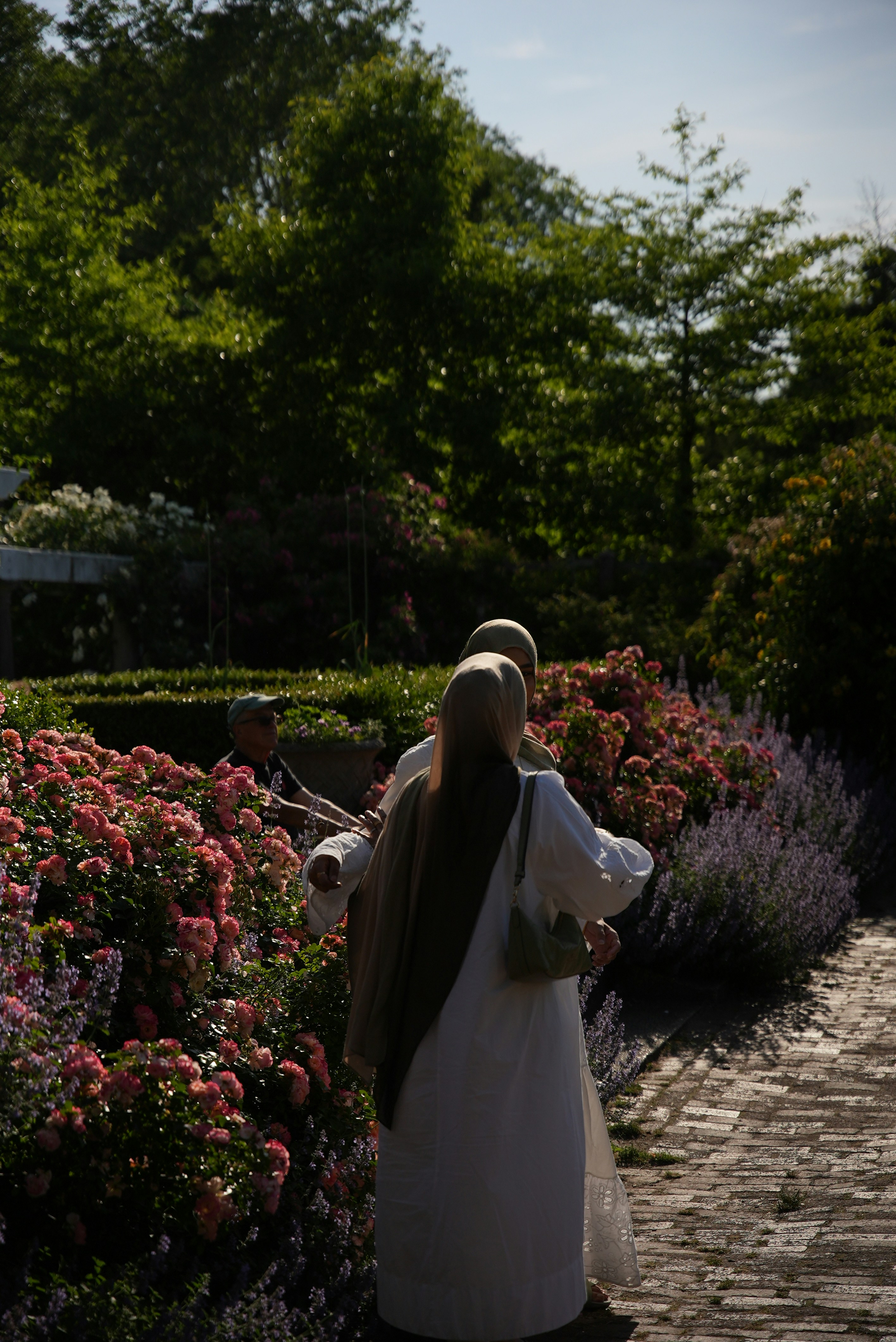 Gardener’s Whisper: Figures in a Blooming Path