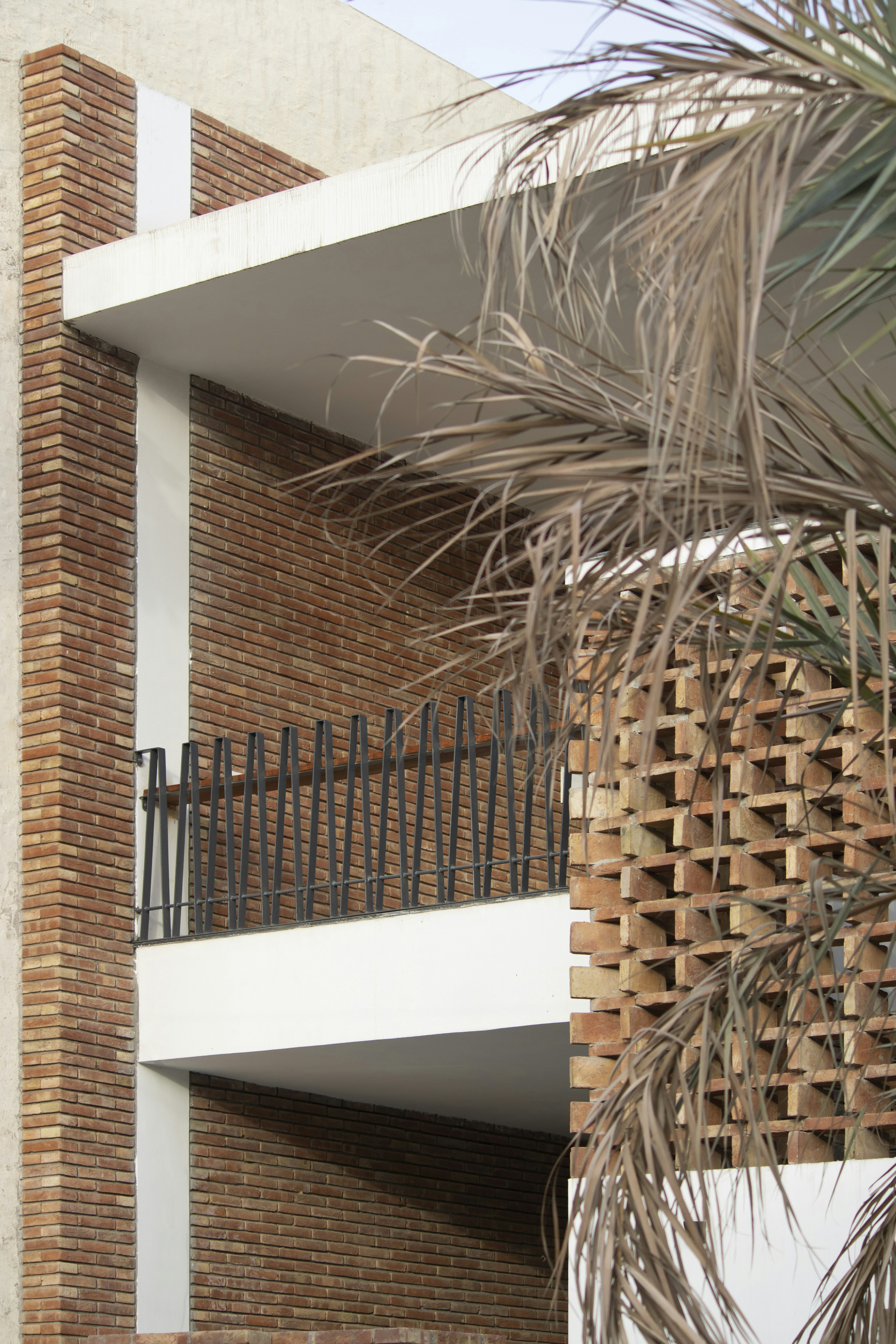 Brick-and-Breeze: A Modern Balcony Framed by Palm Fronds