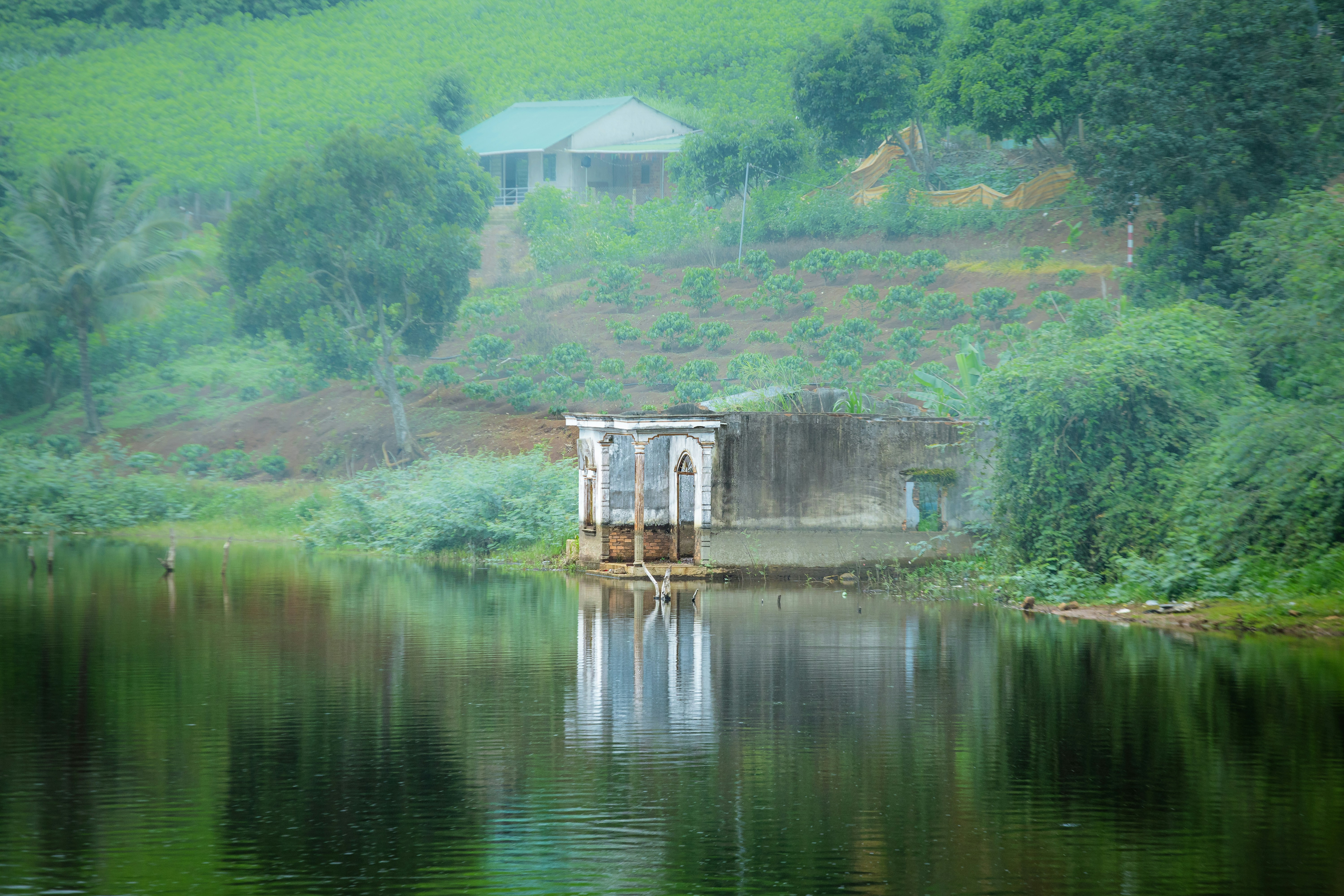 Serene riverside hut mirrored by still water