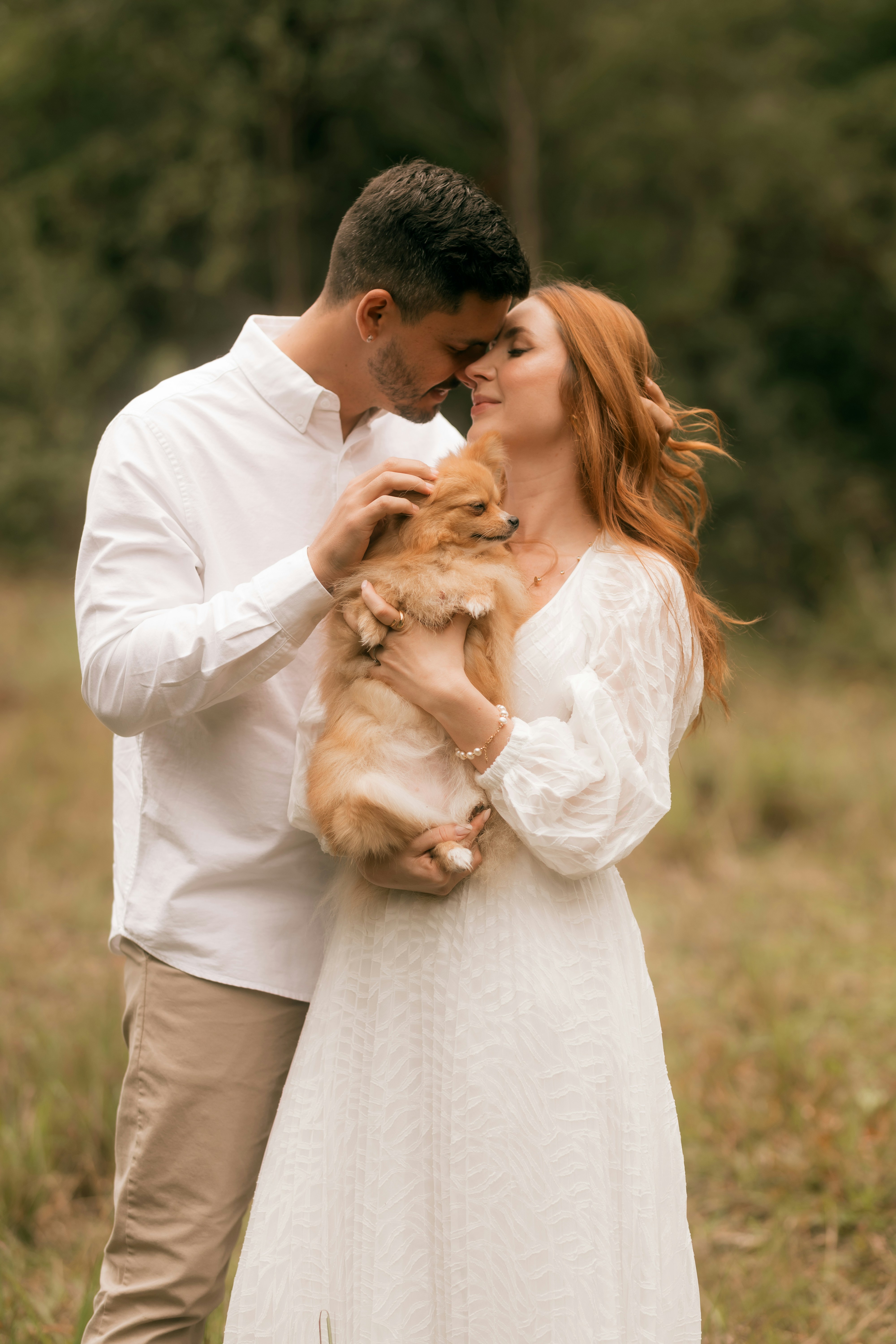 Tender Portrait: Lovers, Dog, and Dappled Light in a Rustic Clearing