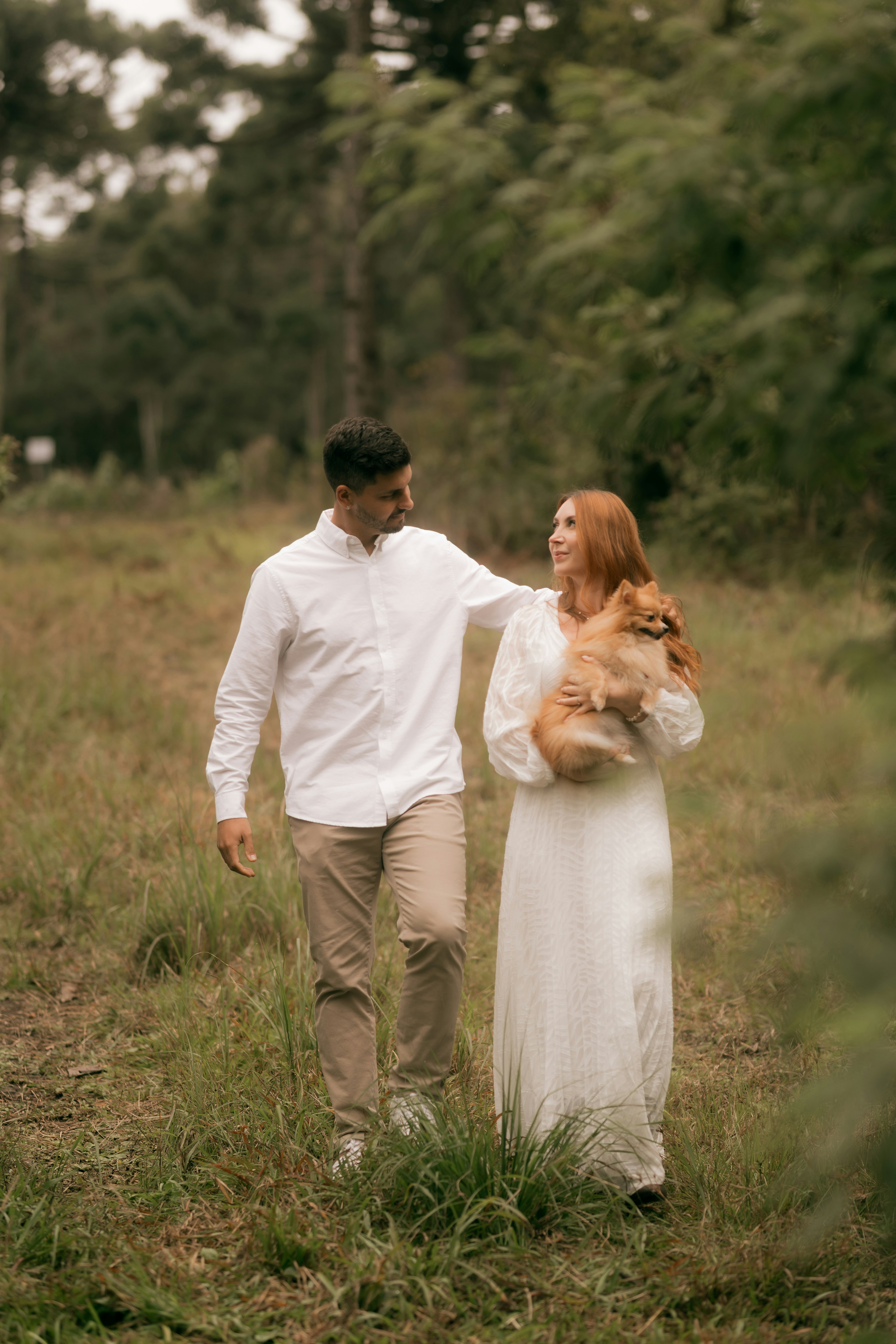A couple and their dog walk through a grassy forest