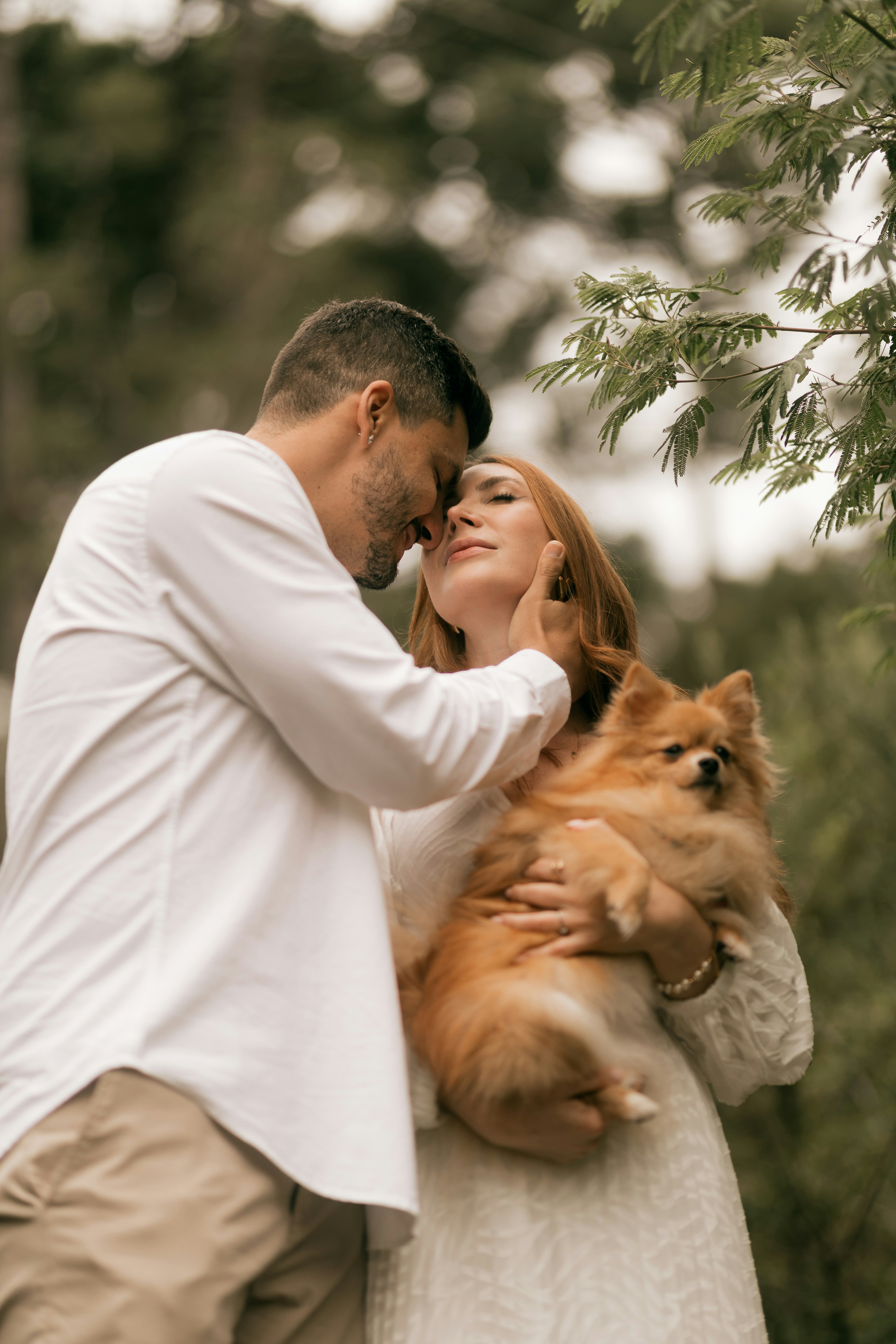 Tender Whisper: A Couple Embraces with a Pom in Soft Morning Light