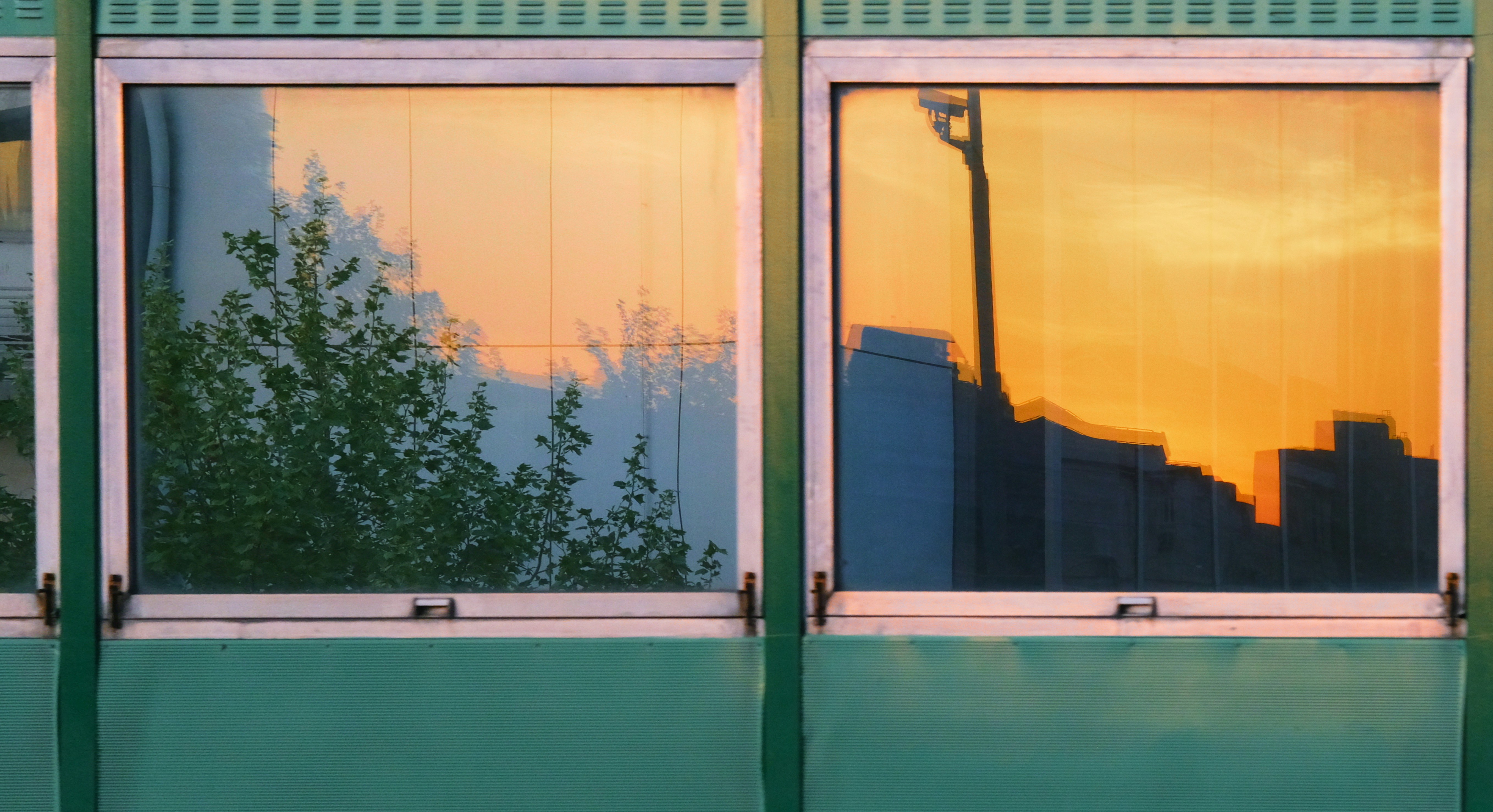 Sunset Reflections on a Green Facade