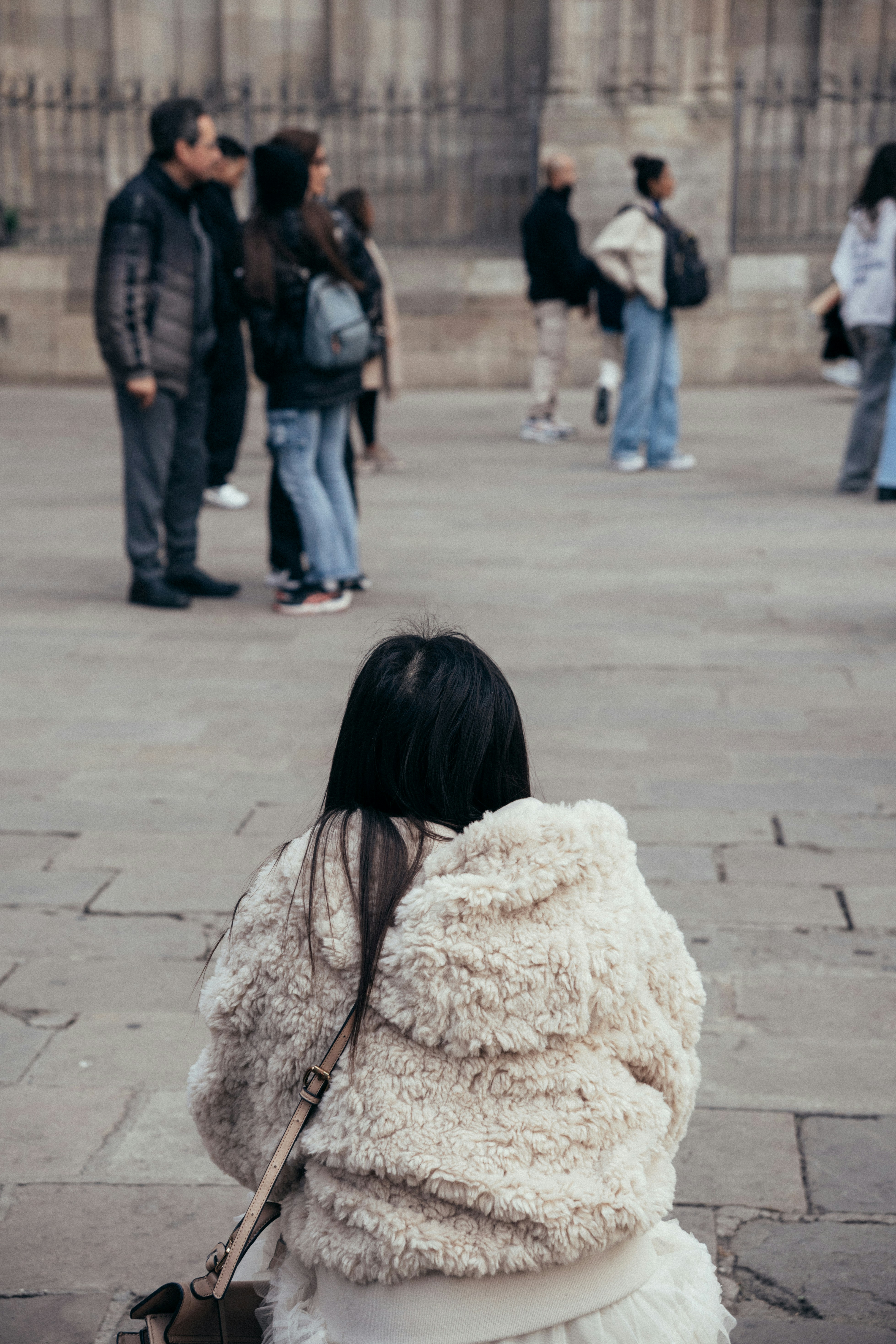 Surrounded by Strangers: A Woman in Soft Fur Amidst a Gait of Passersby