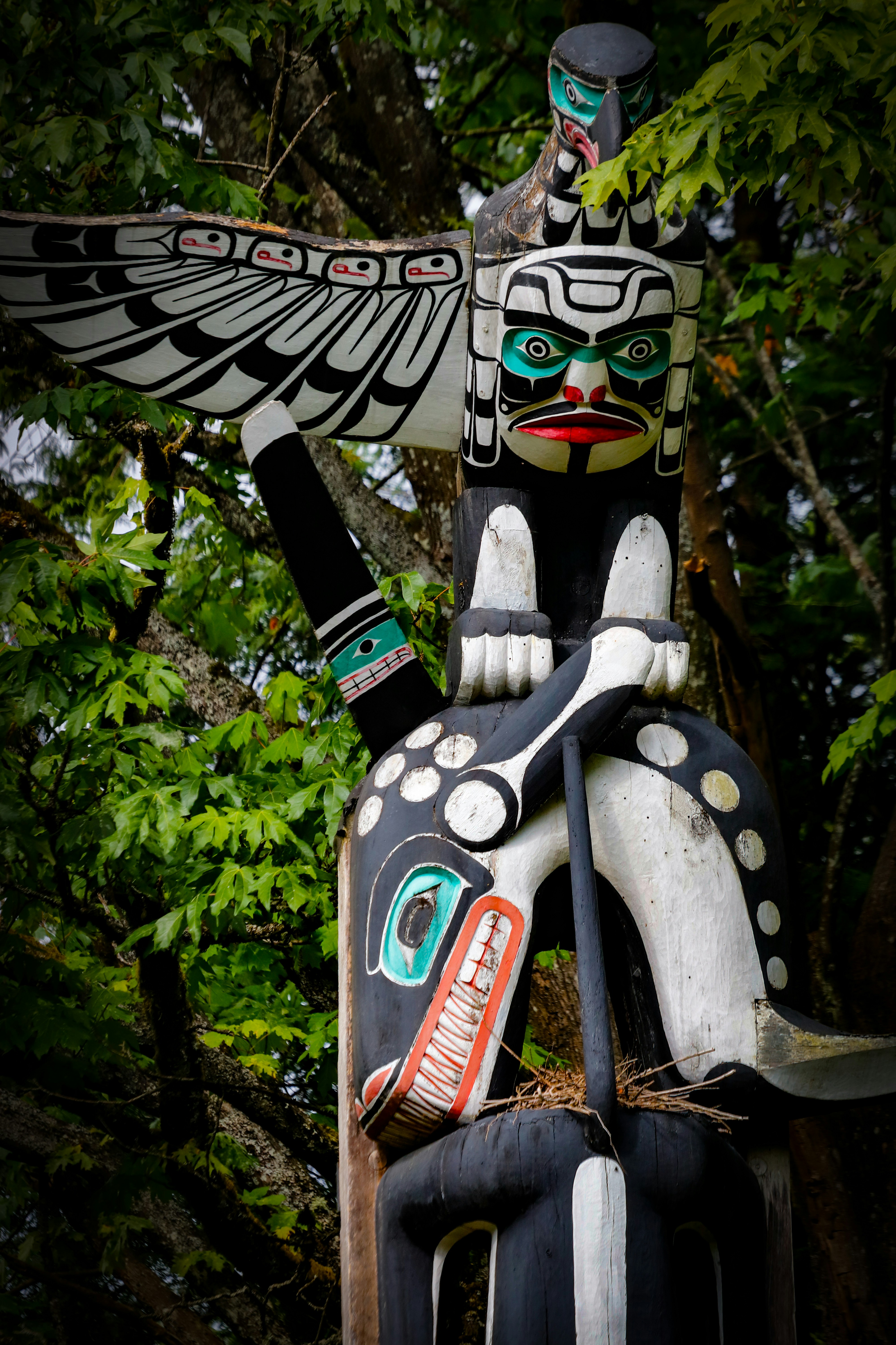 2026-06-10 Vancouver Stanley Park Totem Poles symbolic cultural art of British Columbia west coast aboriginal indigenous tribes depicting various humans, animals and life scenes.