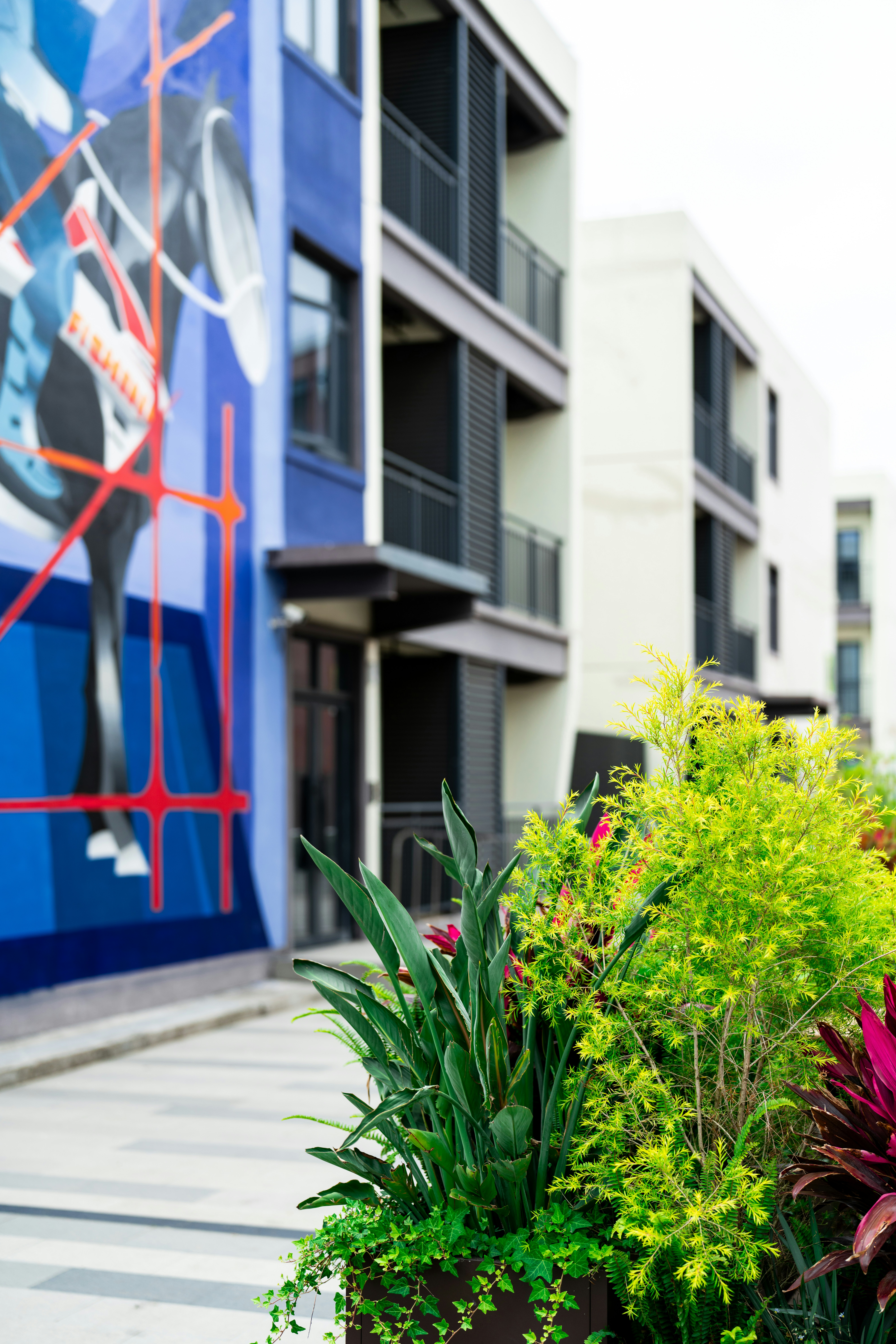 Vibrant mural on building with lush plants and modern architecture.