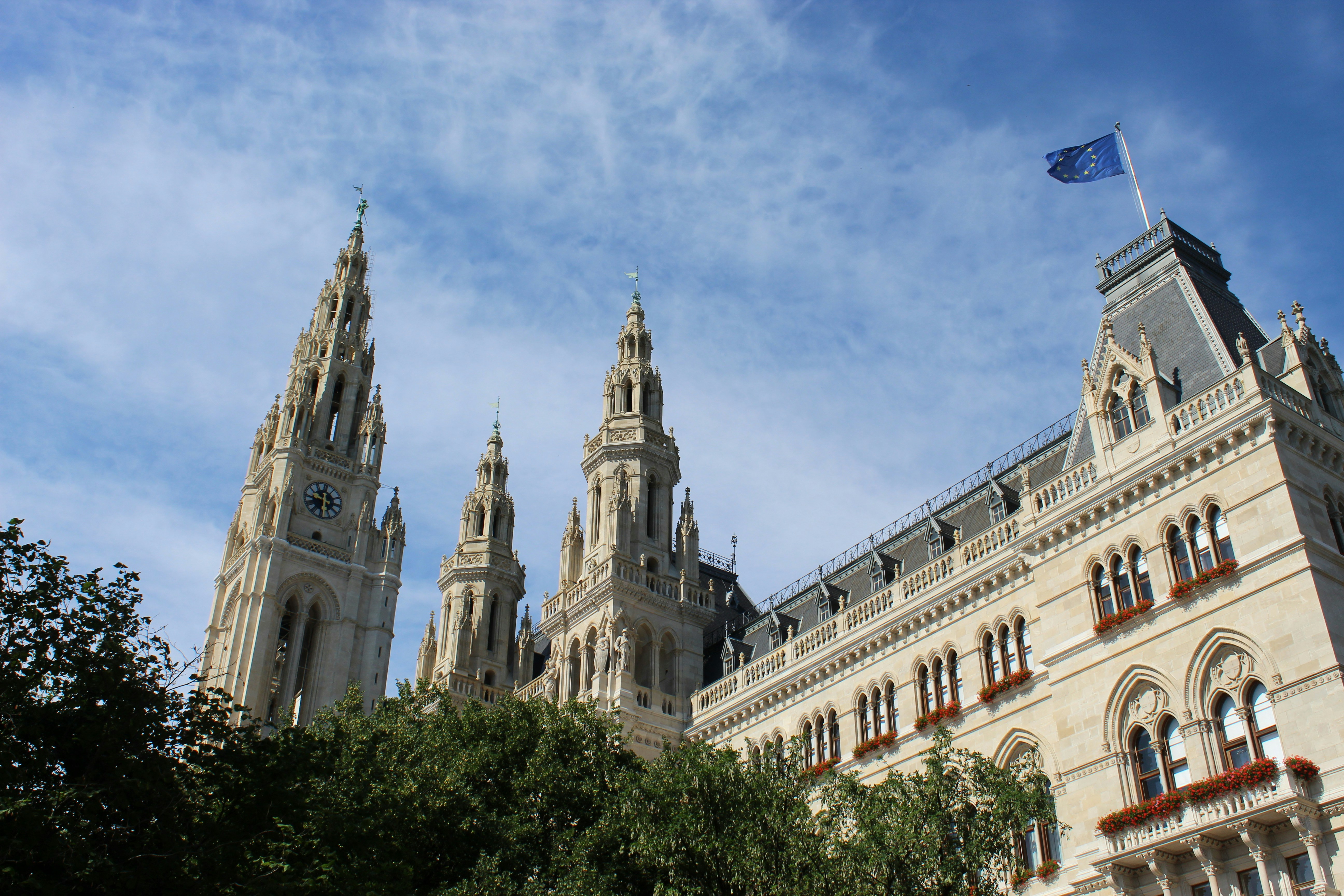 Gothic City Hall Reaching Toward a Bright Sky