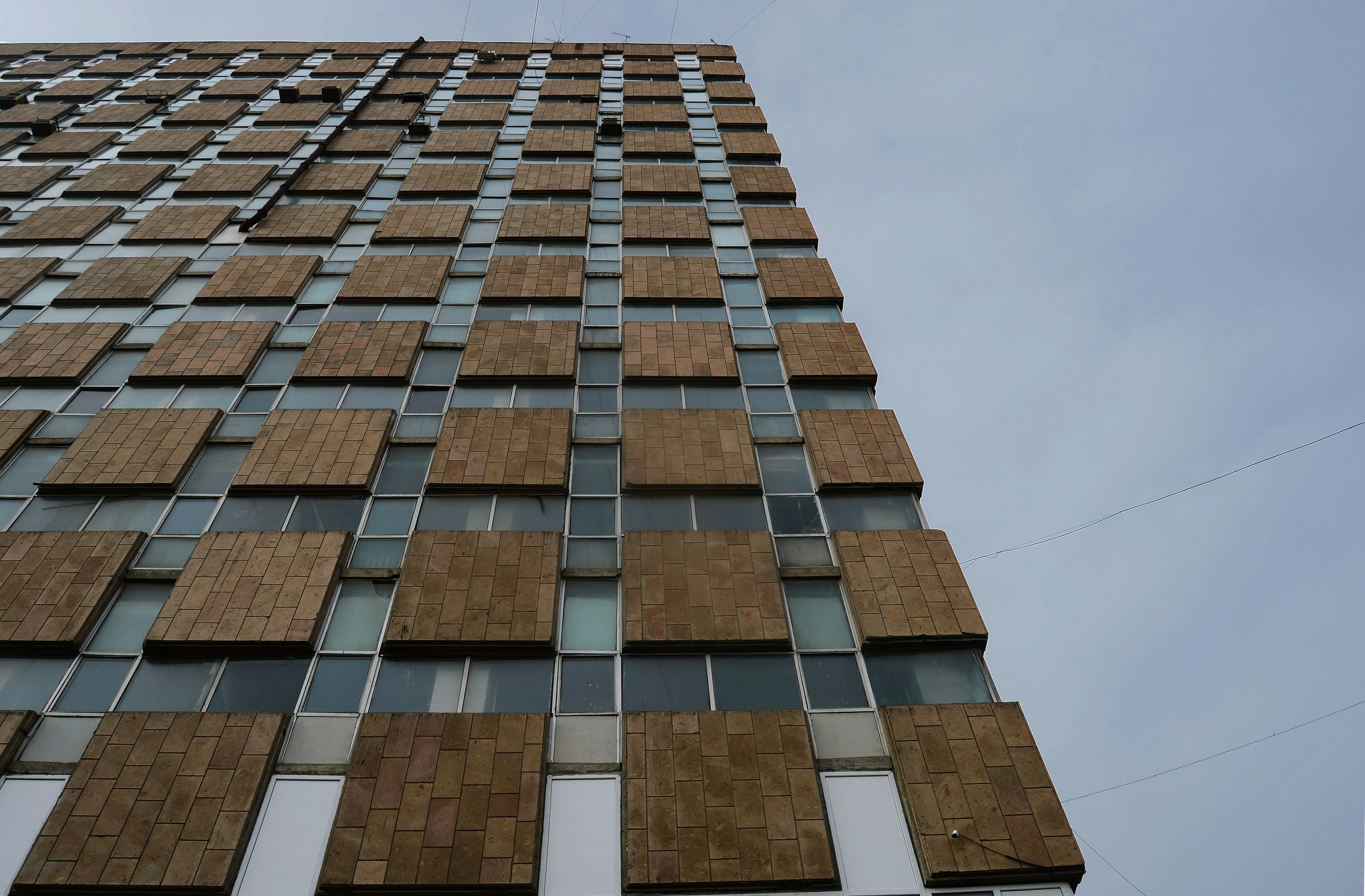Grid of brown panels on a towering modern façade