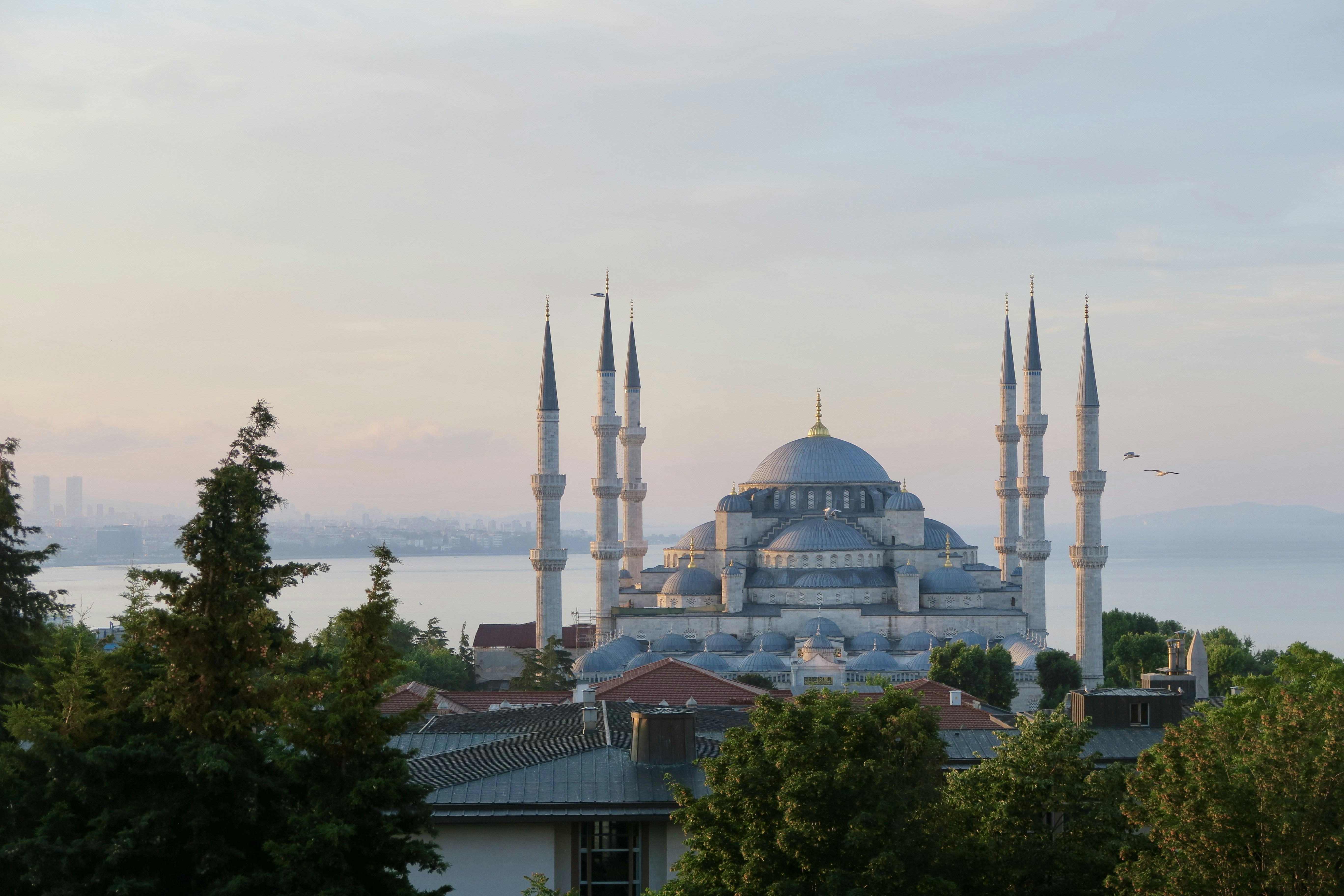 Silhouette of a Coastal Mosque Rising Above the Town
