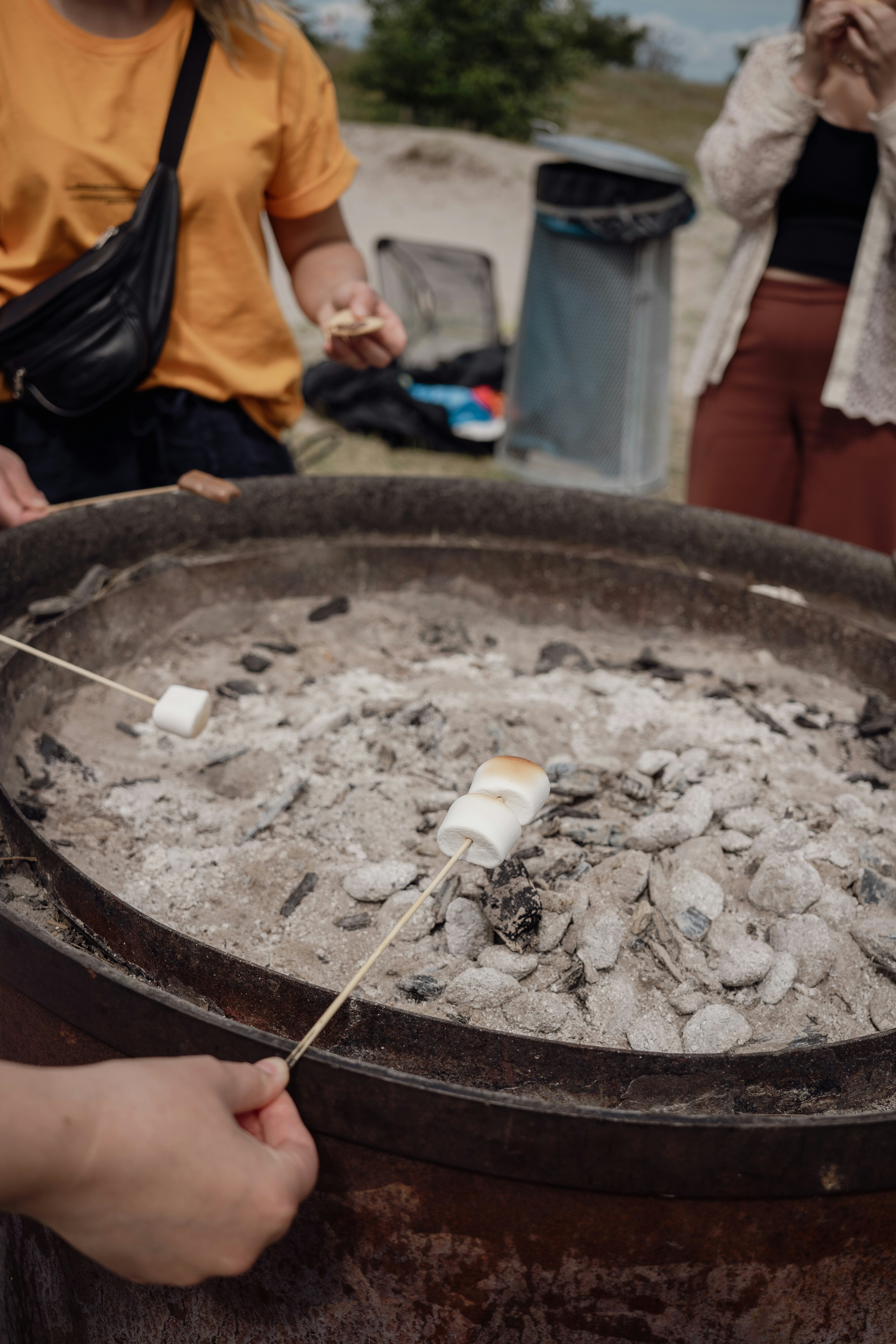 People roasting marshmallows over a fire pit.