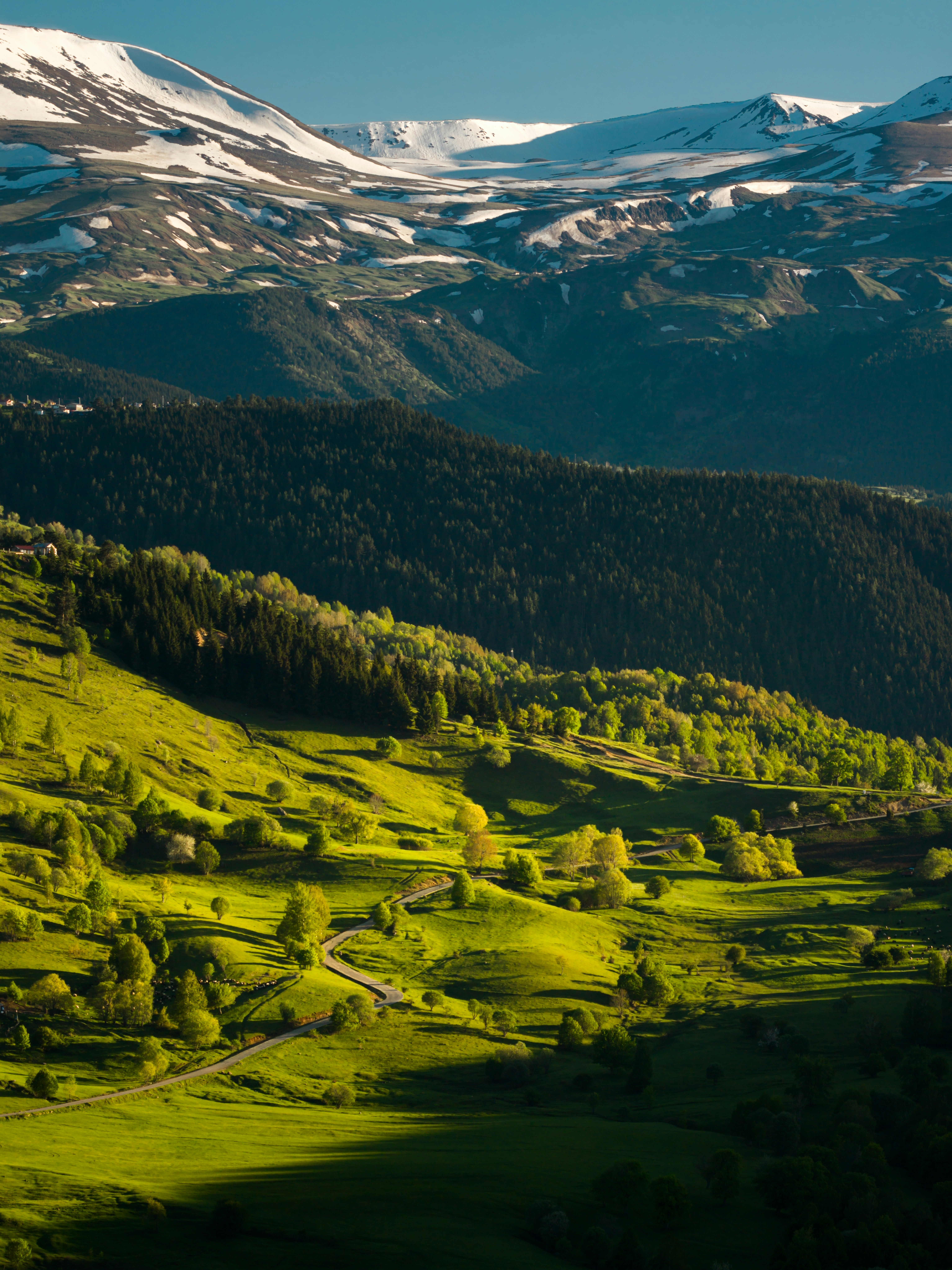 Sunny green hills, winding road, and snow-covered mountains.
